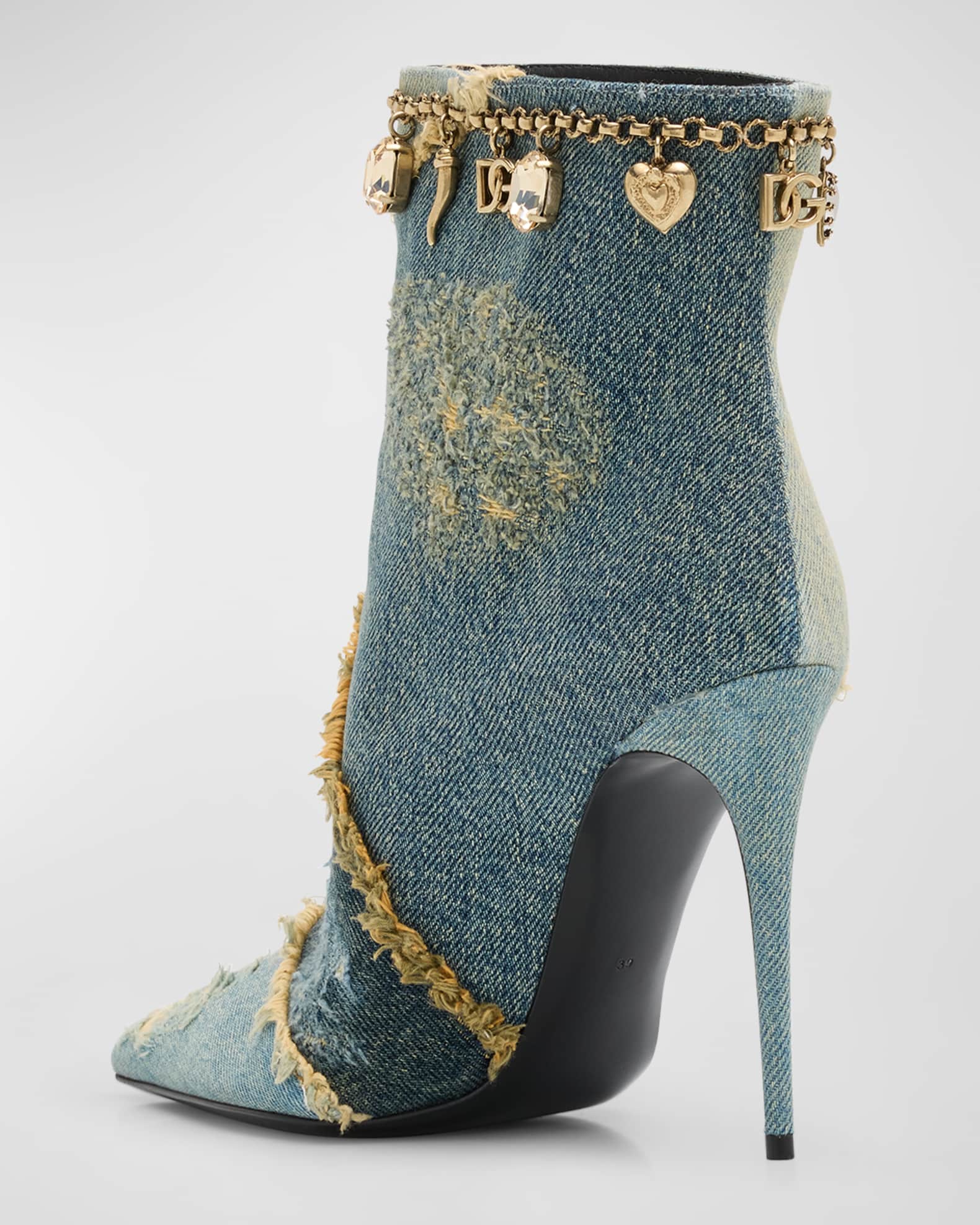 Dolce&Gabbana Distressed Denim Charms Ankle Booties | Neiman Marcus