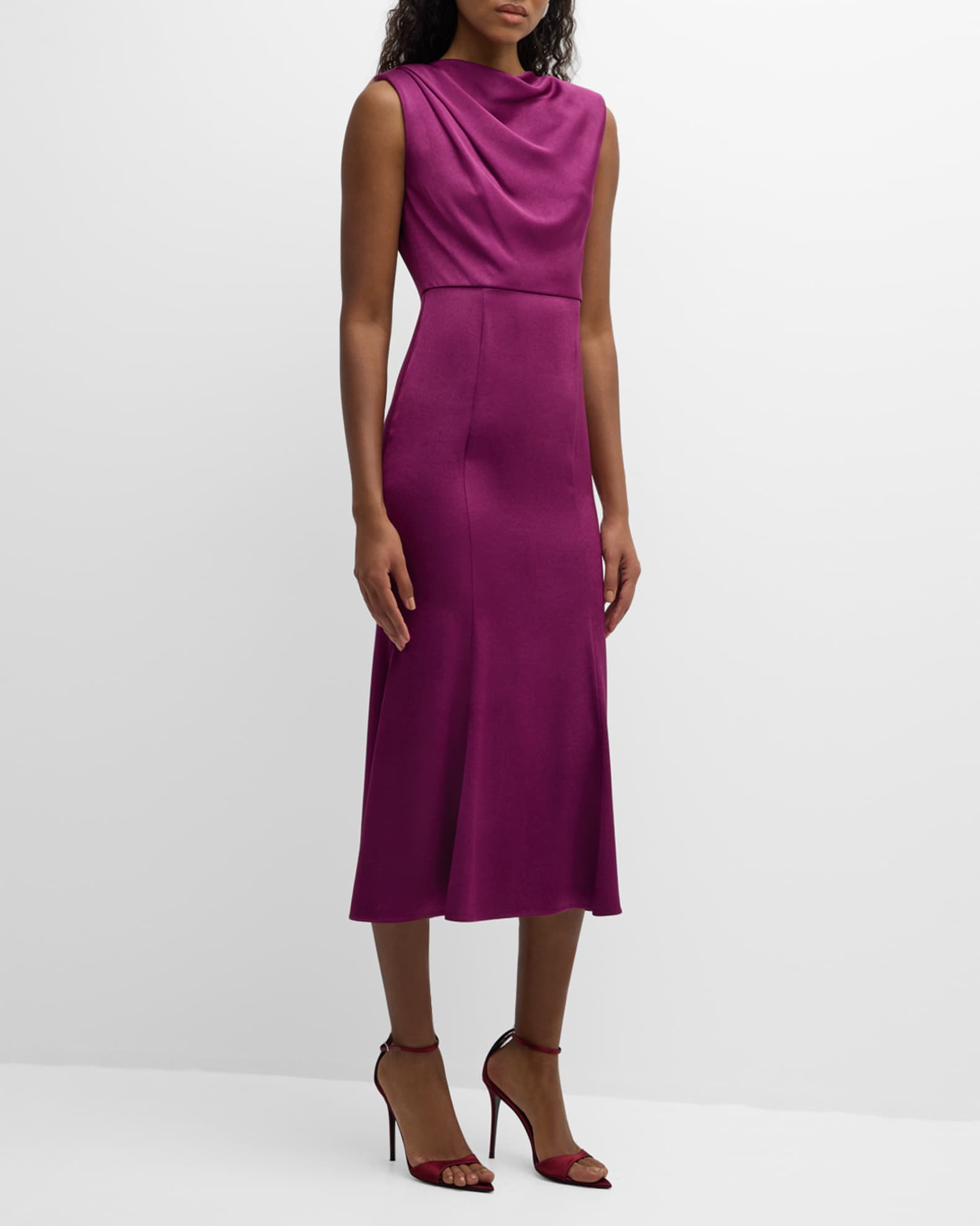 Roland Mouret Draped Satin Crepe Sleeveless Midi Dress | Neiman Marcus