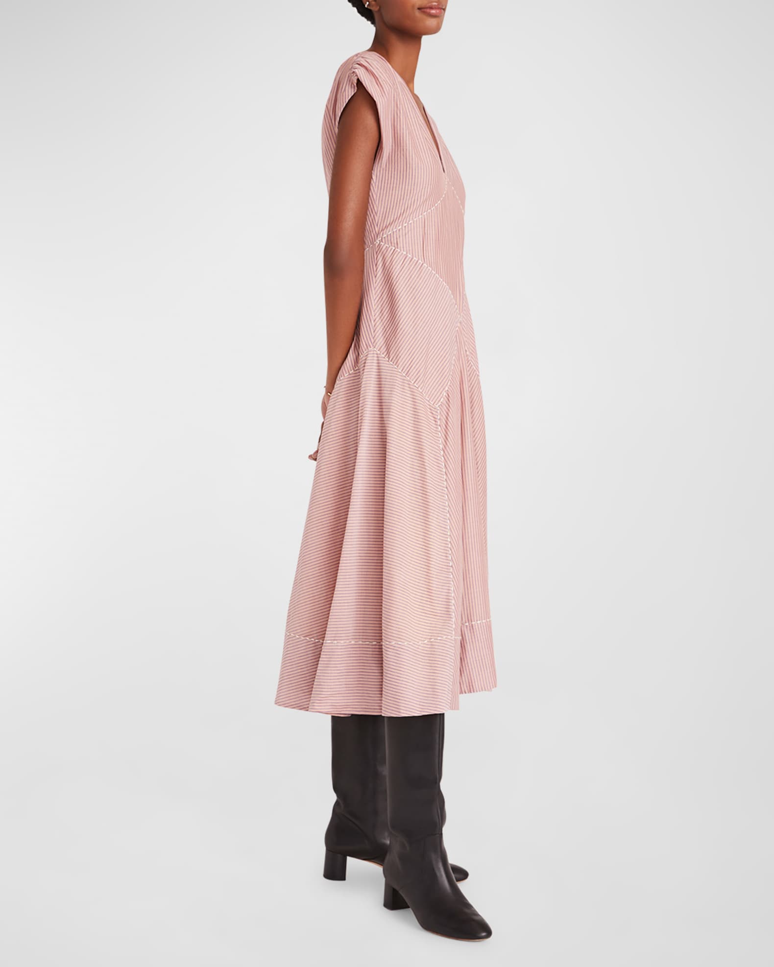 Merlette Skane Striped Cap-Sleeve Midi Dress | Neiman Marcus