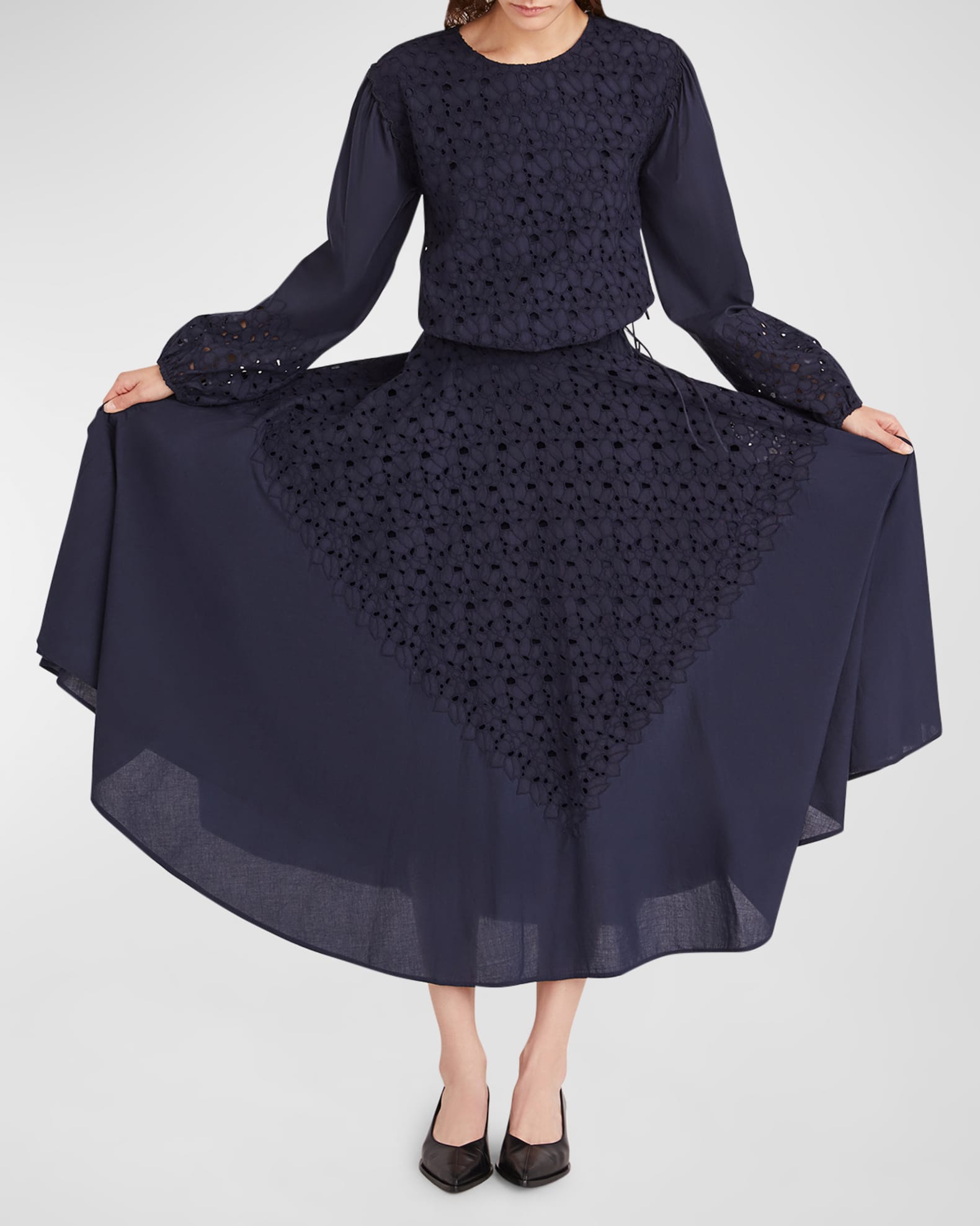 Merlette Merrick Floral-Embroidered Cotton Midi Skirt | Neiman Marcus