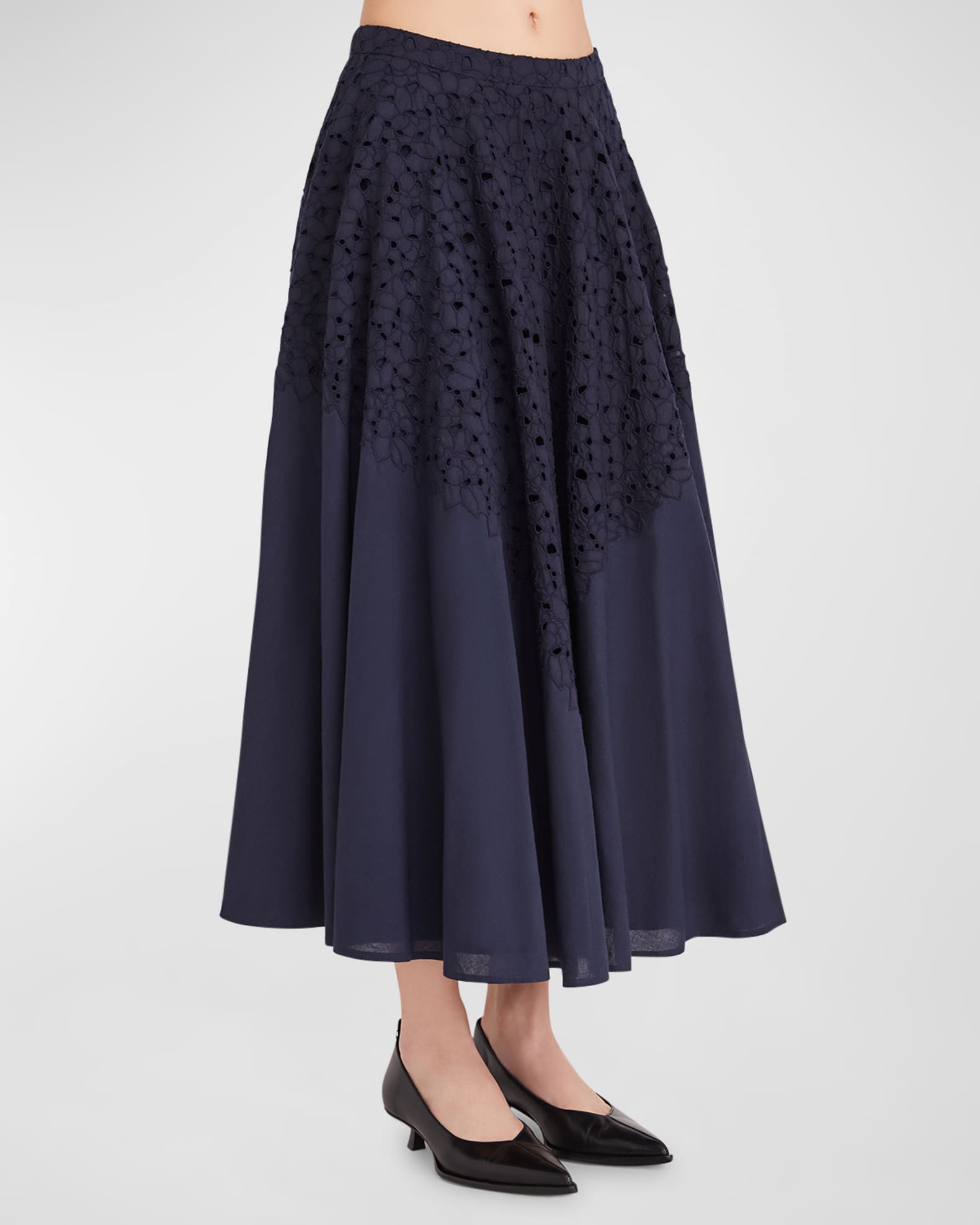 Merlette Merrick Floral-Embroidered Cotton Midi Skirt | Neiman Marcus