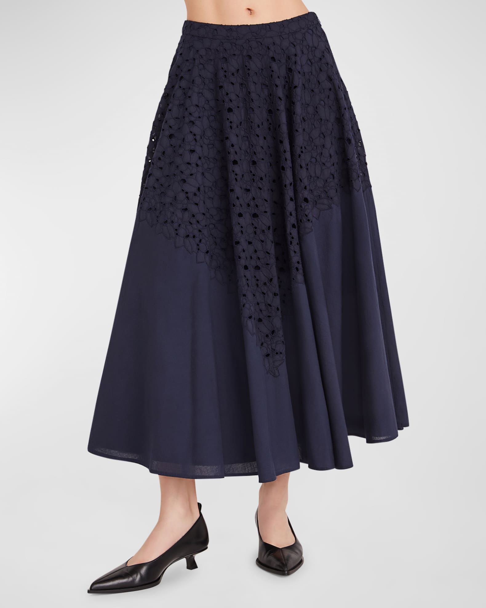 Merlette Merrick Floral-Embroidered Cotton Midi Skirt | Neiman Marcus