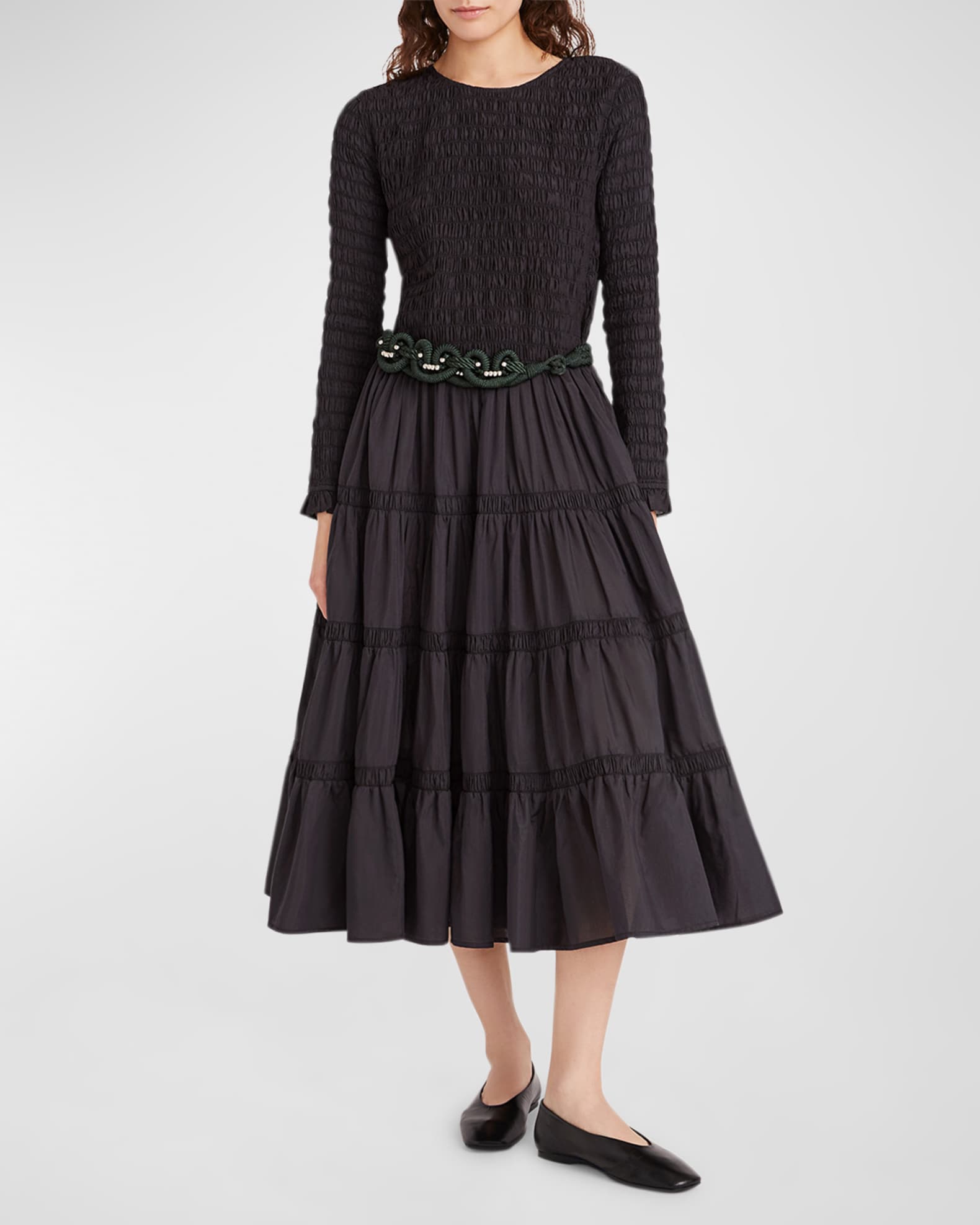 Merlette Vivien Smocked Cotton-Silk Midi Dress | Neiman Marcus