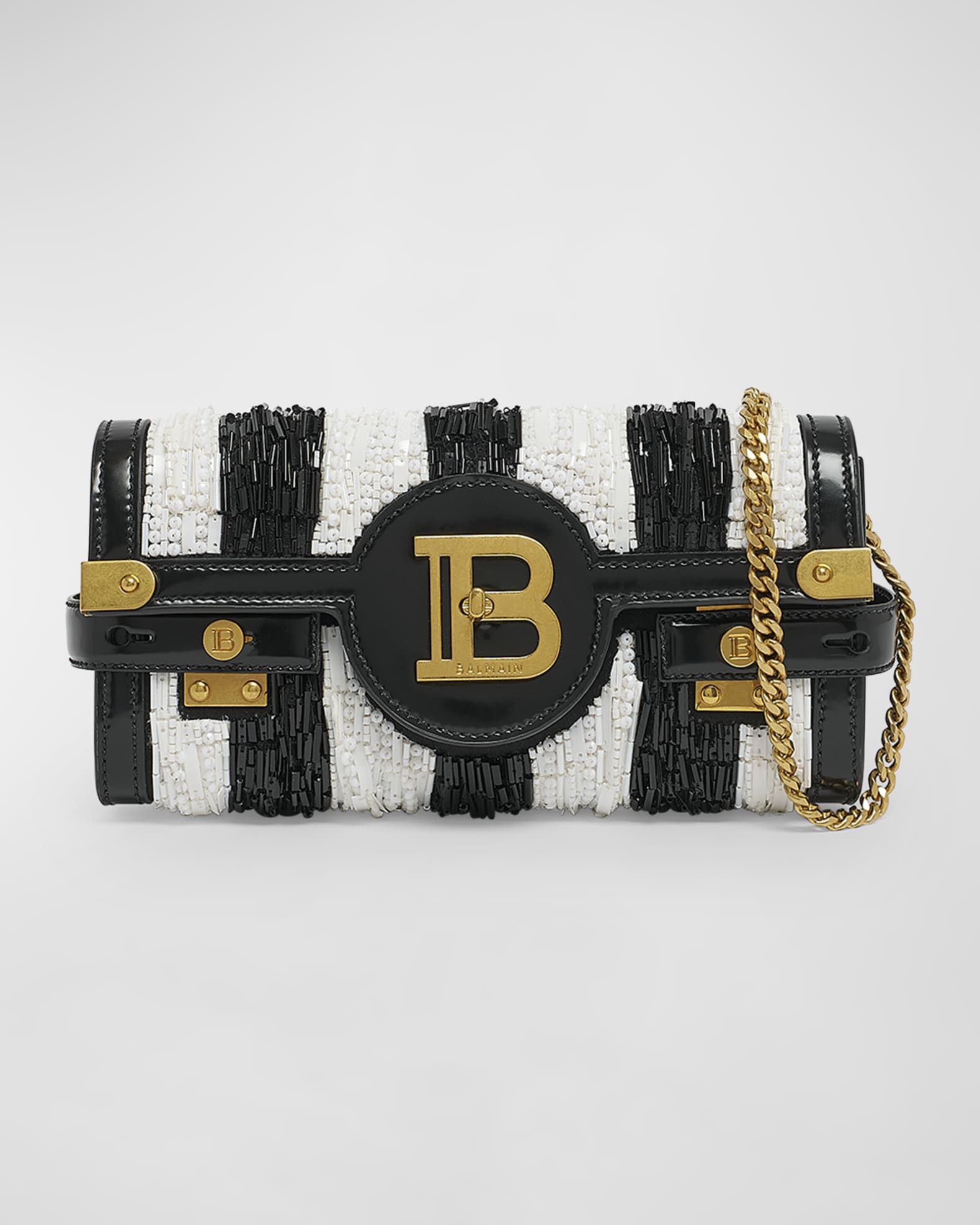 Balmain BBuzz 23 Wallet on Chain in Stripe Sequined Leather | Neiman Marcus