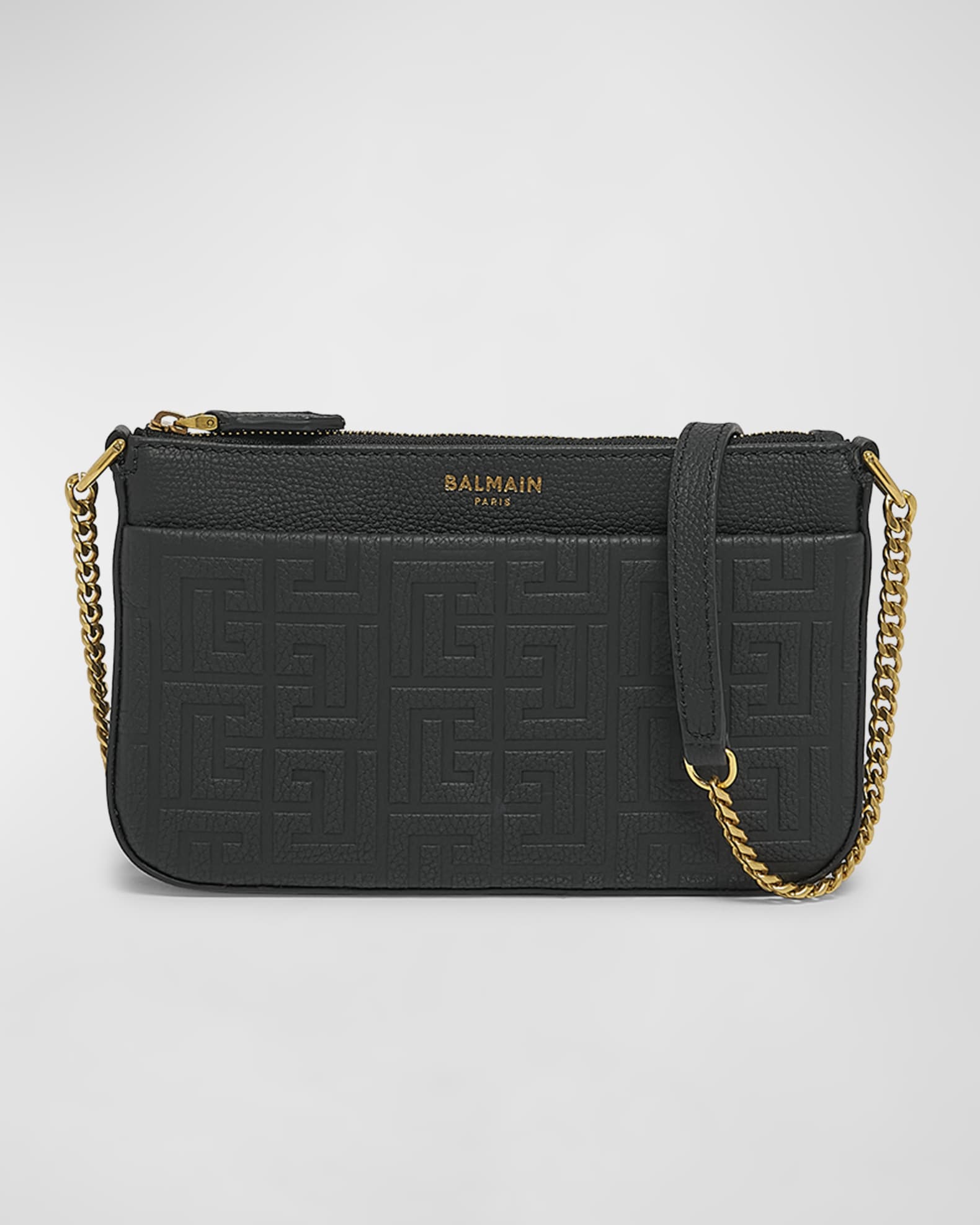 Balmain Mini Zip Wallet on Chain in Monogram Leather | Neiman Marcus