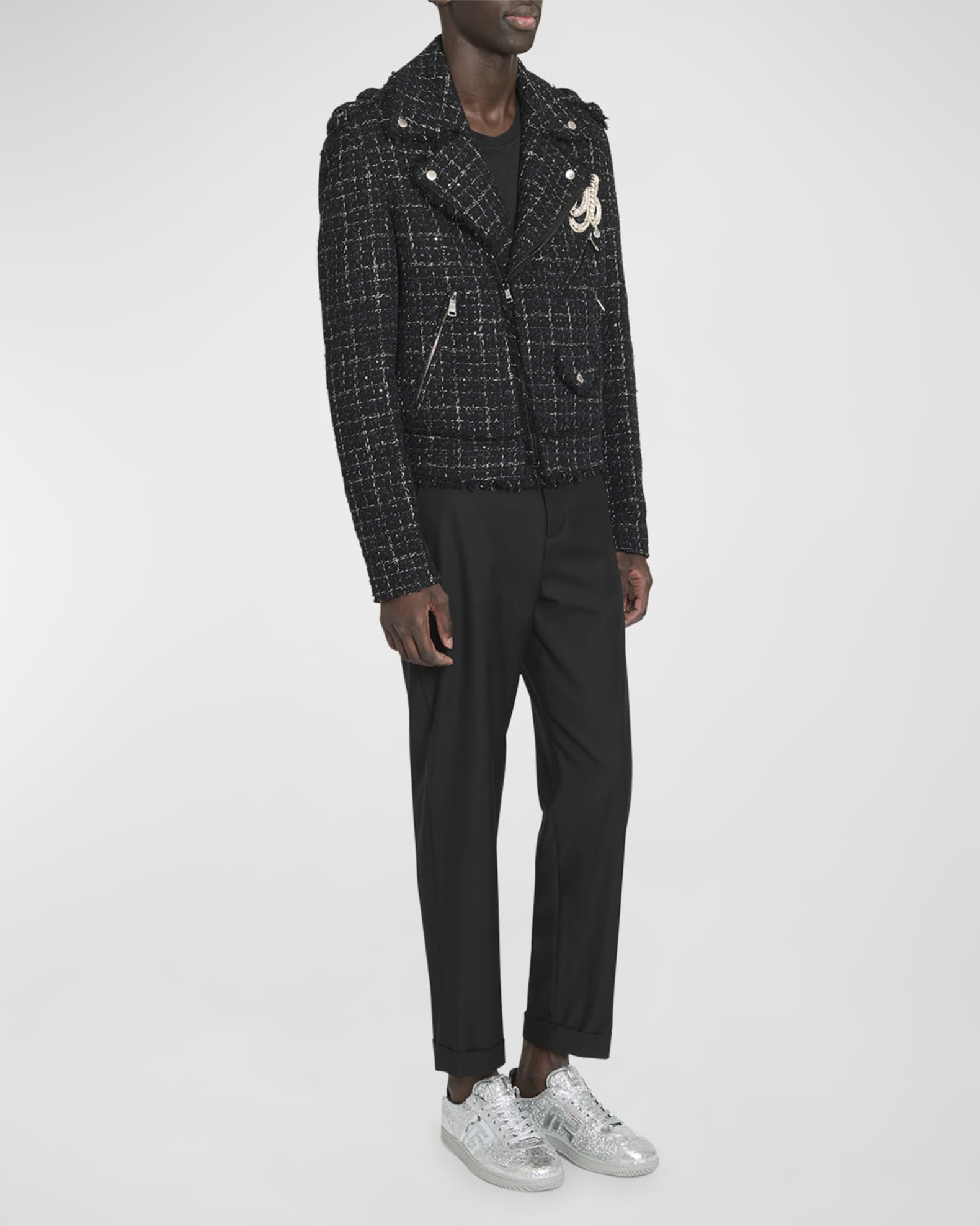 Balmain Men's Embroidered Tweed Biker Jacket | Neiman Marcus