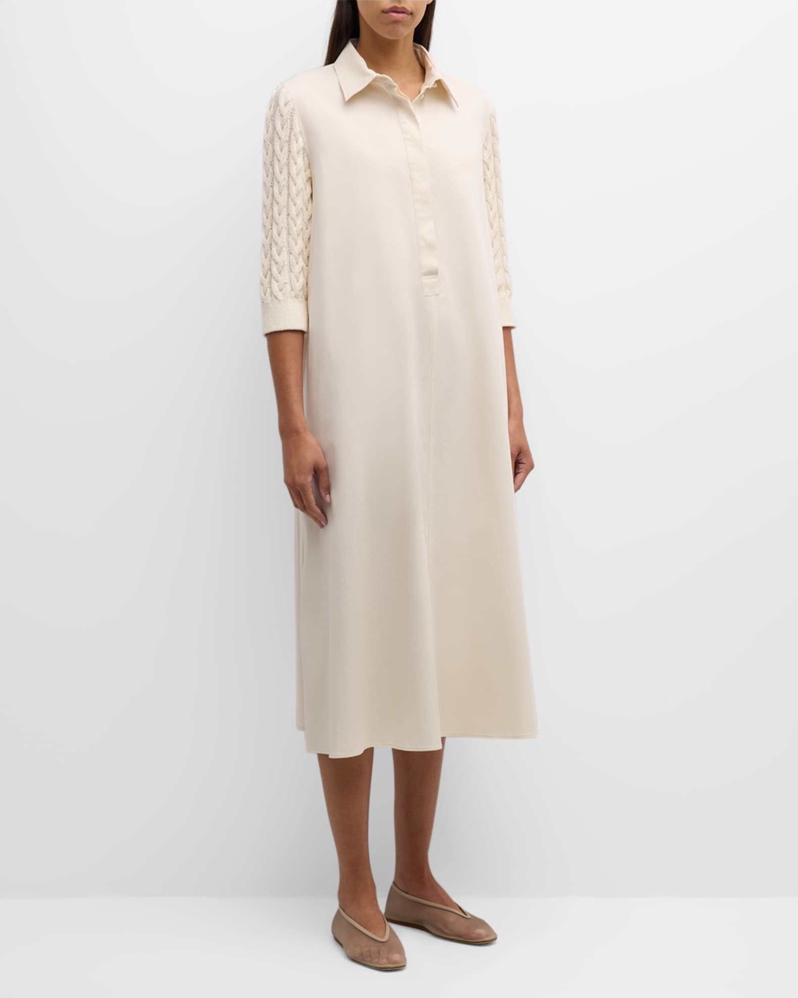Max Mara Armonia Midi Dress with Cable-Knit Sleeves | Neiman Marcus