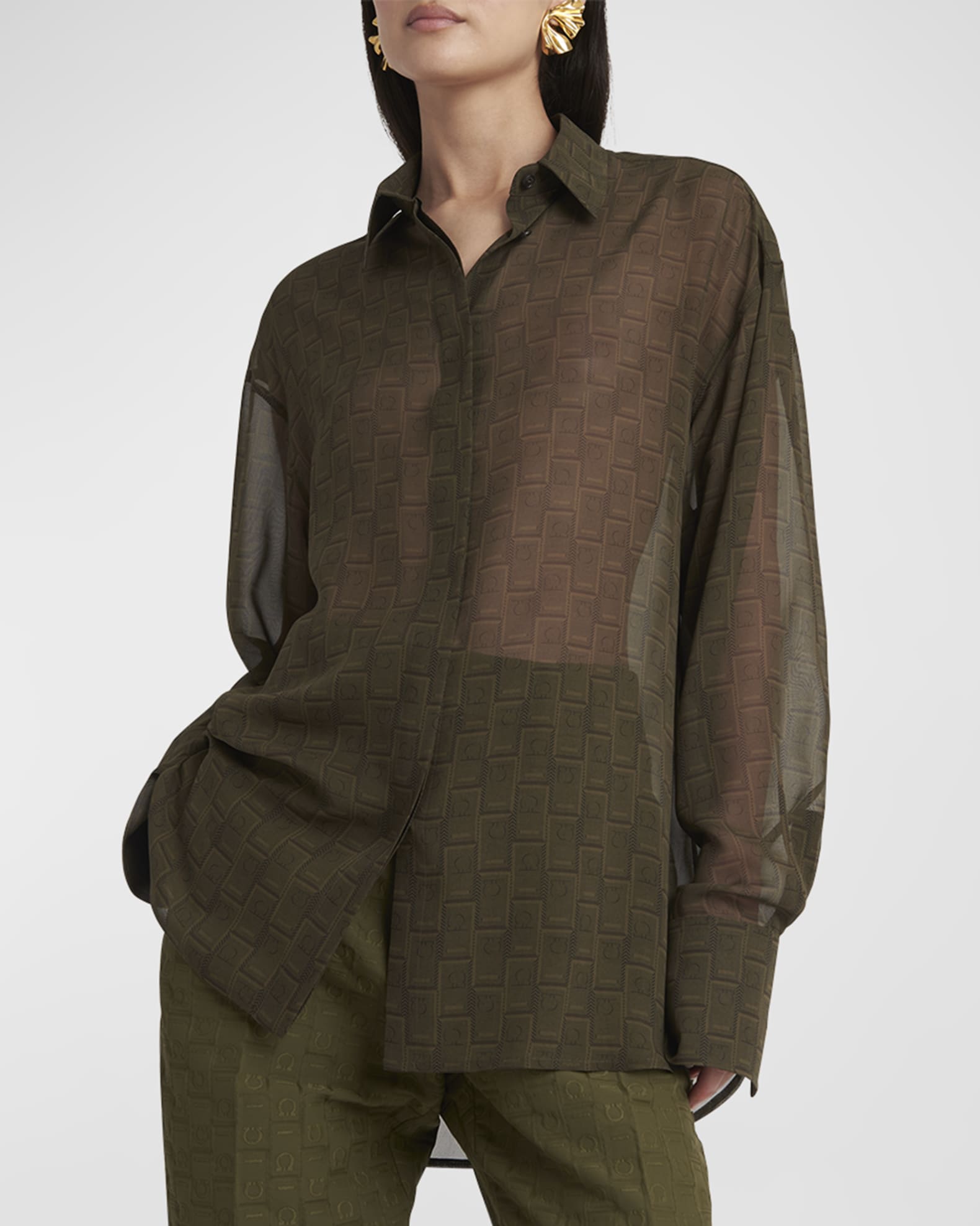 Ferragamo Logo Chiffon Button-Down Blouse | Neiman Marcus