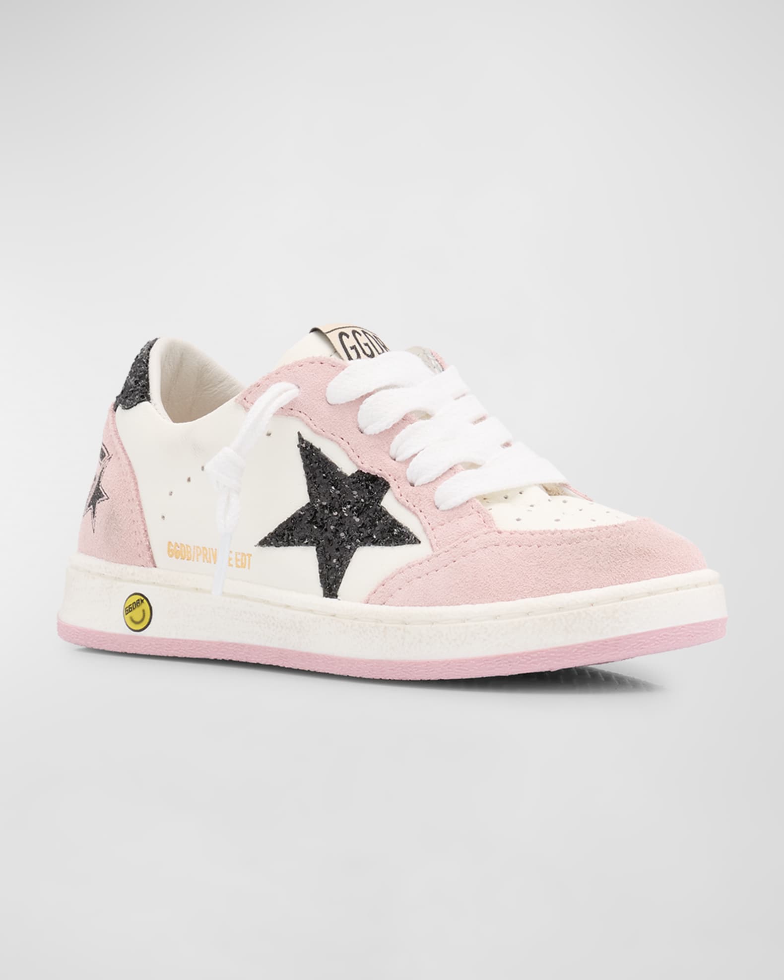 Golden Goose Ballstar pink suede w black glitter star | Neiman Marcus