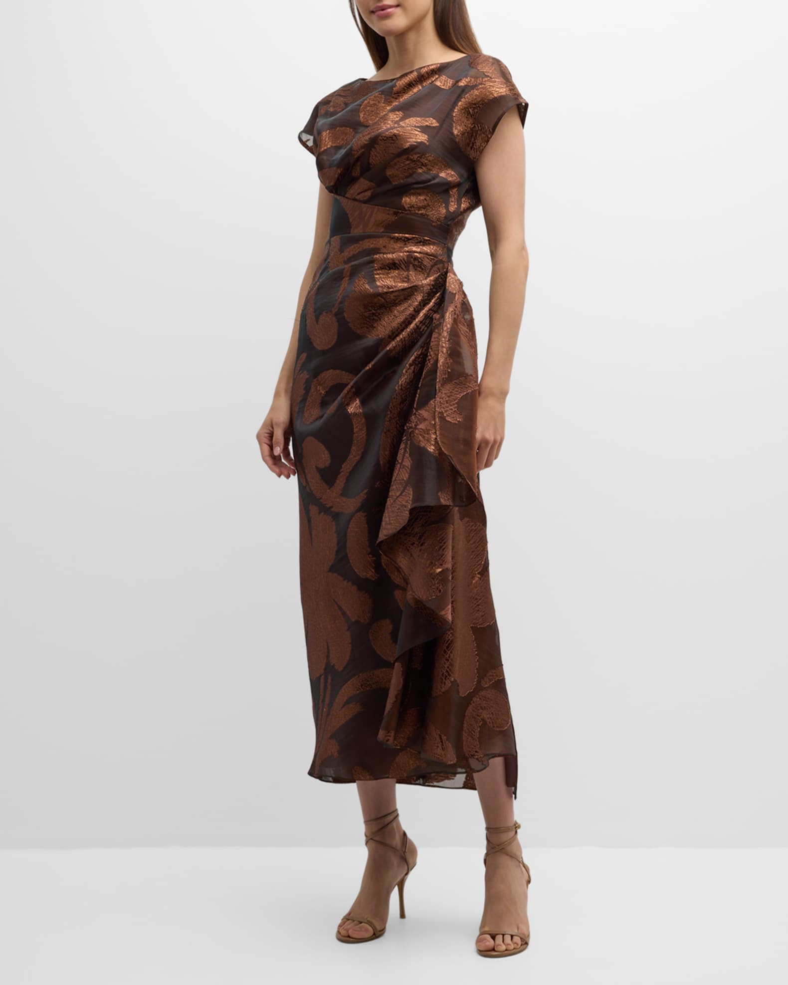 Lela Rose Florence Metallic Midi Dress with Draped Detail | Neiman Marcus