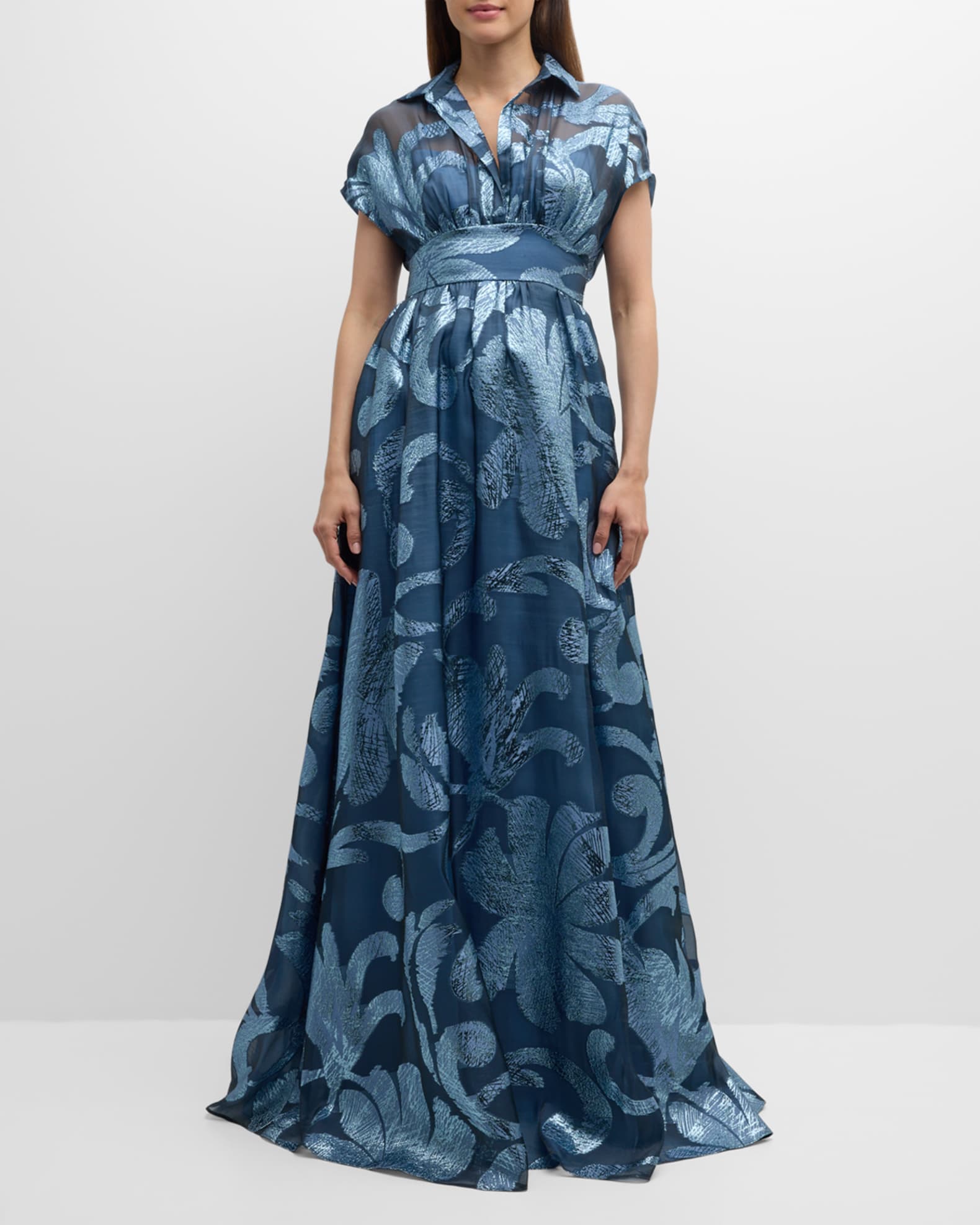 Lela Rose Metallic Floral Collared Gown | Neiman Marcus