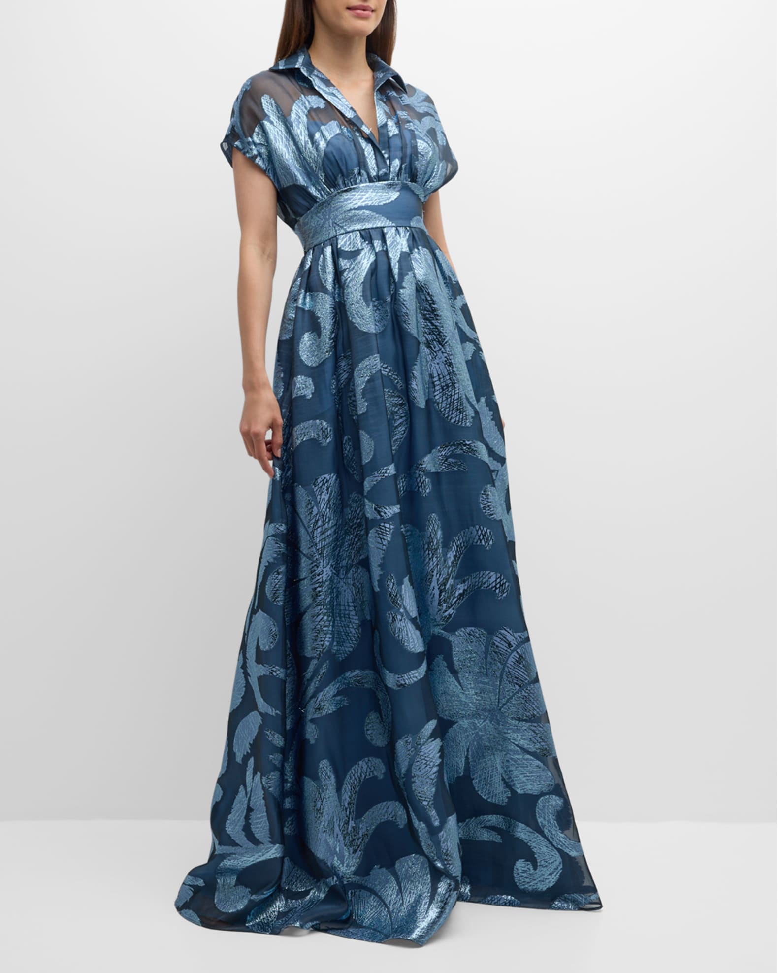 Lela Rose Metallic Floral Collared Gown | Neiman Marcus