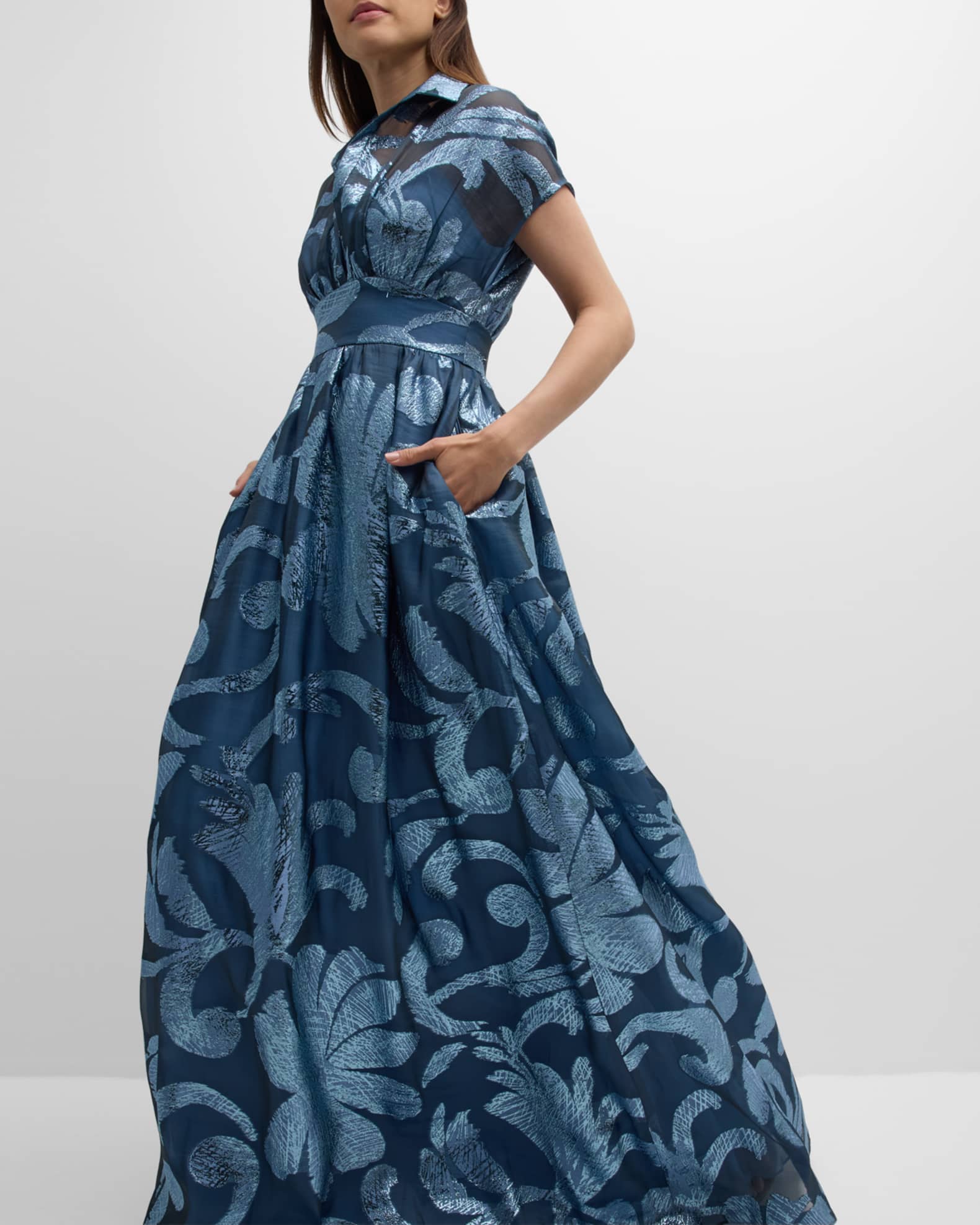 Lela Rose Metallic Floral Collared Gown | Neiman Marcus