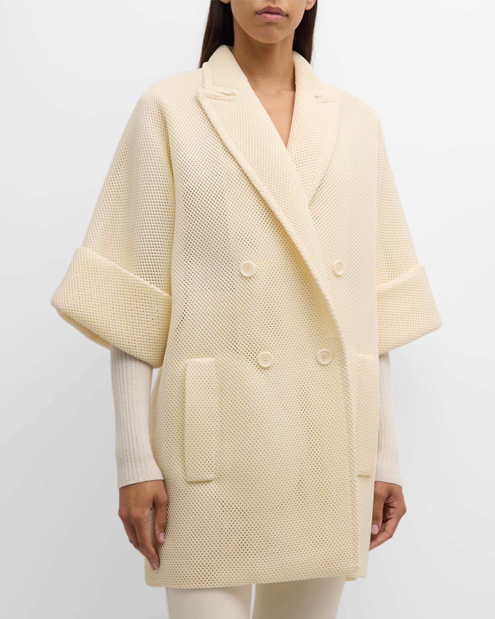 Max Mara Quatto Short-Sleeve Double-Breasted Mesh Coat | Neiman Marcus