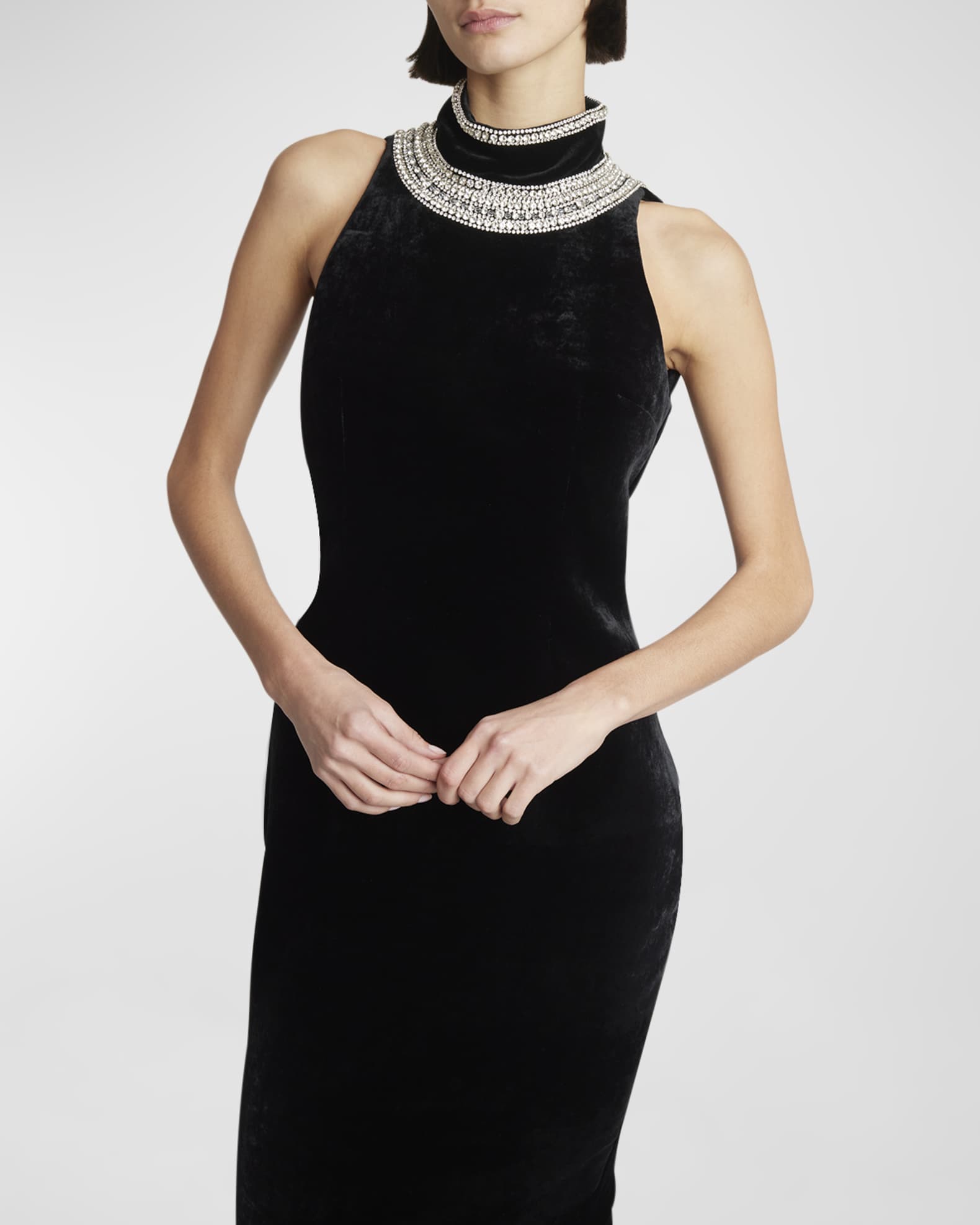 Balmain Velvet Open Back Gown with Crystal Embroidery | Neiman Marcus