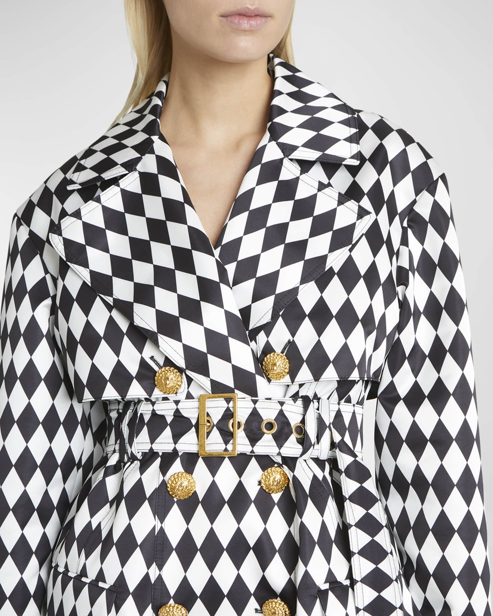 Balmain Diamond Print Belted Trench Coat with Gold-Tone Buttons ...
