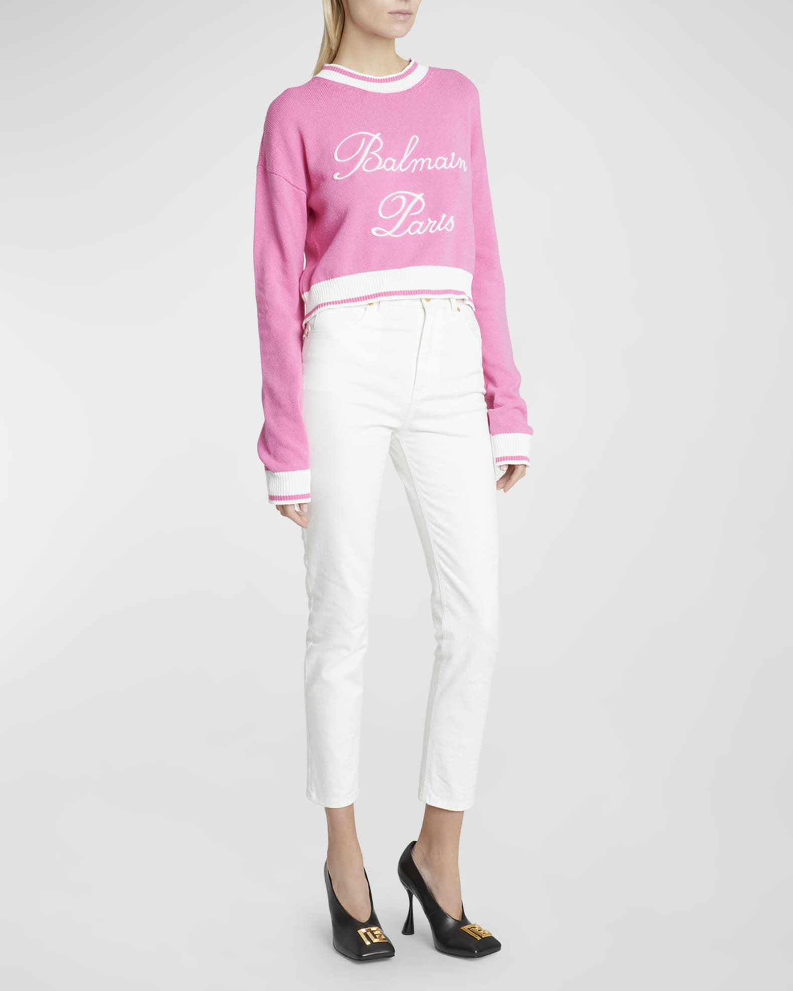 Balmain Cropped Knit Sweater with Logo Detail | Neiman Marcus
