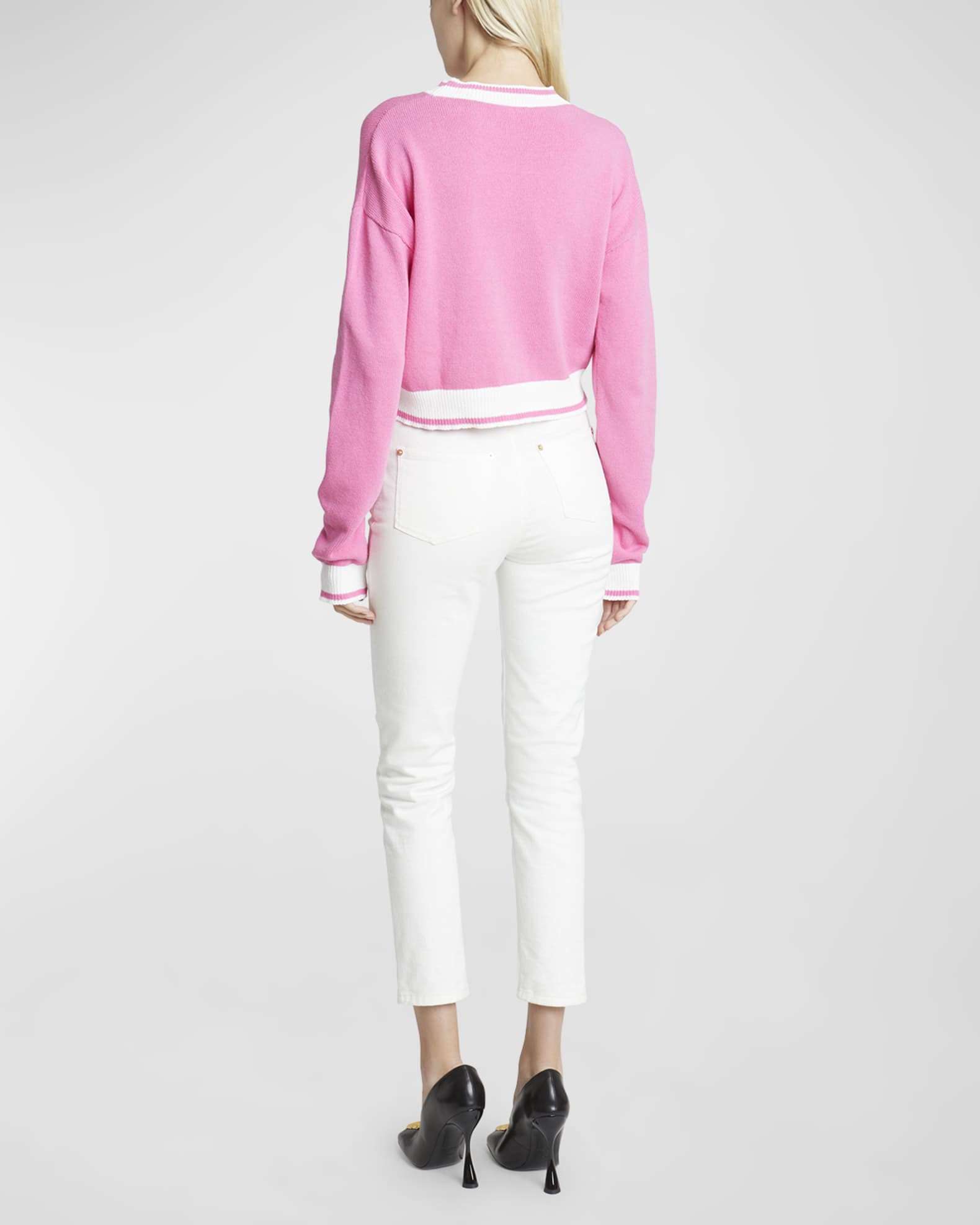 Balmain Cropped Knit Sweater with Logo Detail | Neiman Marcus