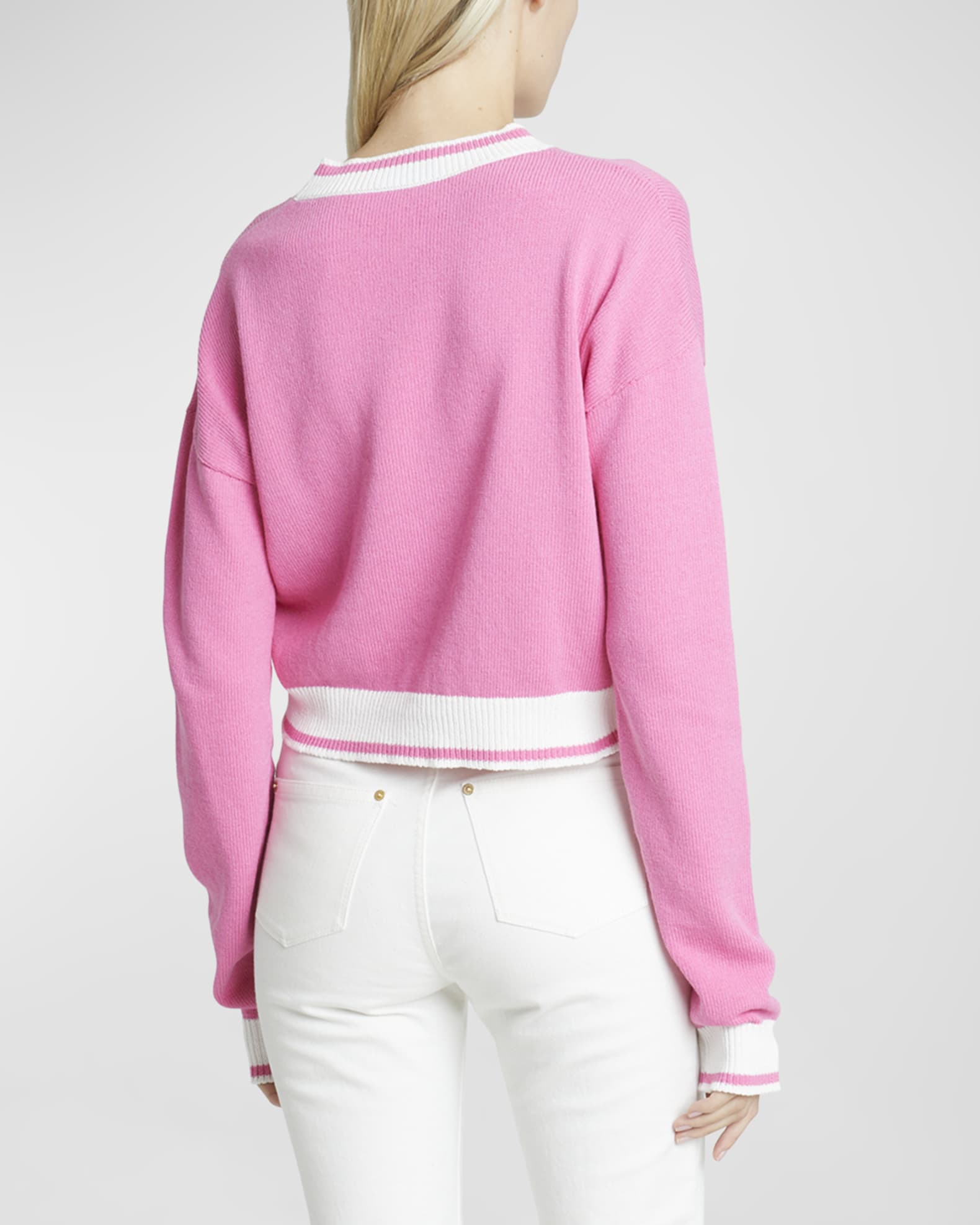 Balmain Cropped Knit Sweater with Logo Detail | Neiman Marcus