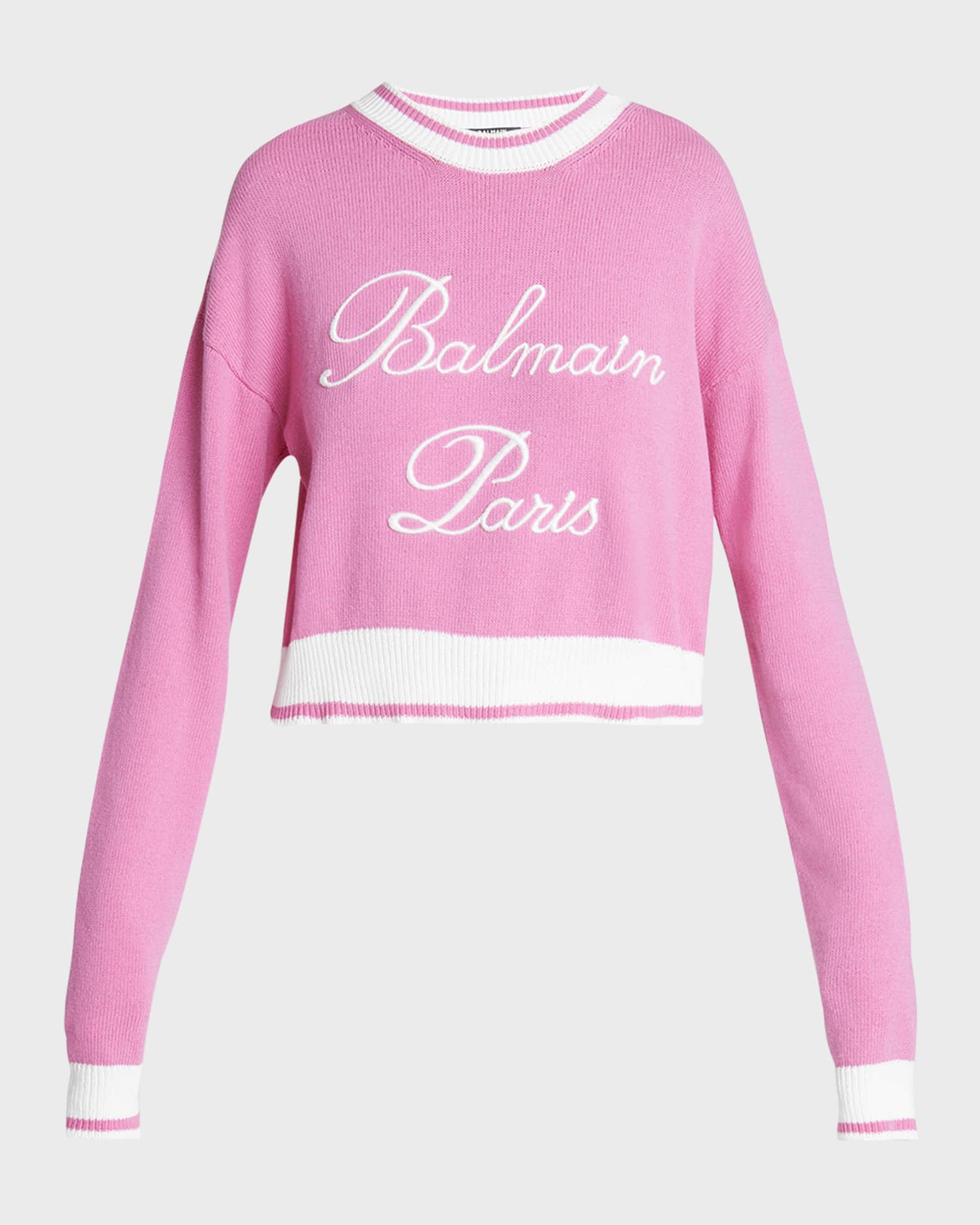 Balmain Cropped Knit Sweater with Logo Detail | Neiman Marcus
