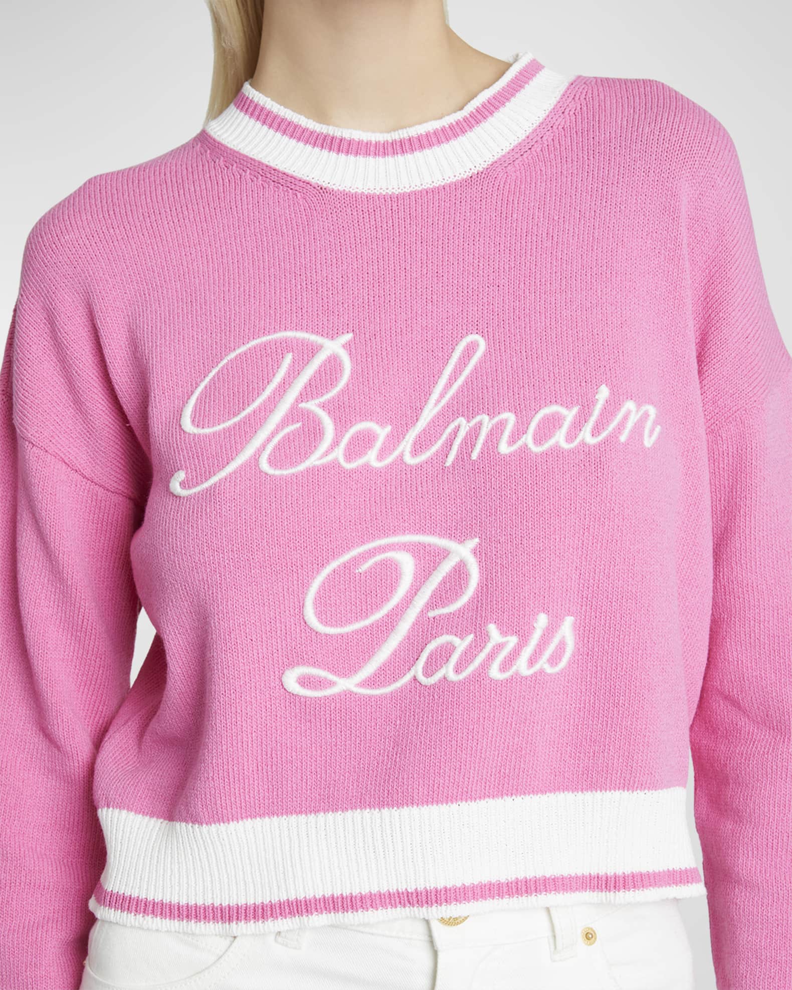 Balmain Cropped Knit Sweater with Logo Detail | Neiman Marcus