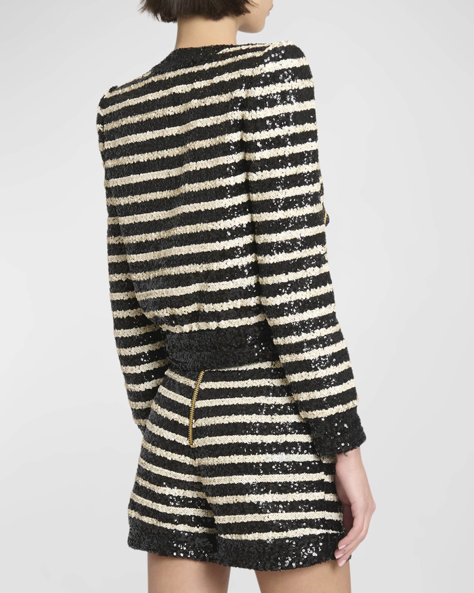 Balmain Striped Sequined Crop Jacket with Button Details | Neiman Marcus