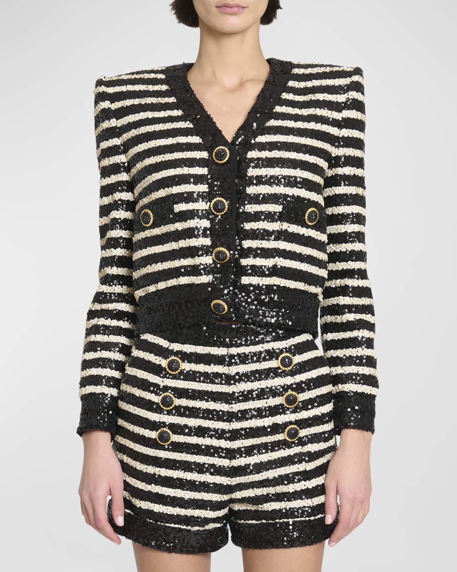 Balmain Striped Sequined Crop Jacket with Button Details | Neiman Marcus