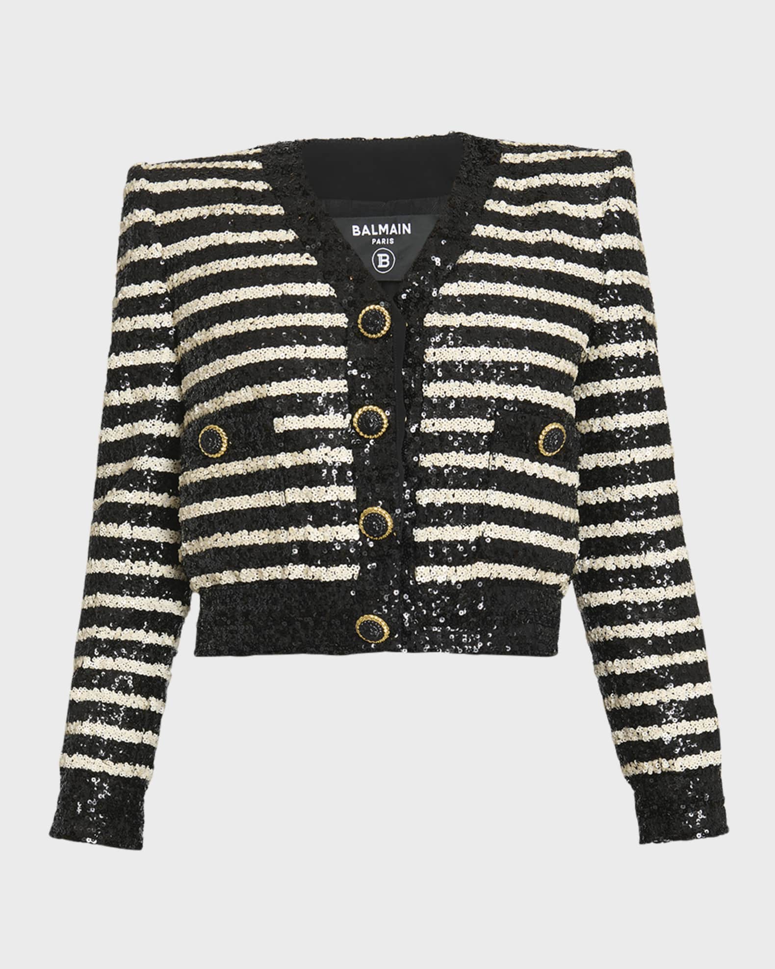 Balmain Striped Sequined Crop Jacket with Button Details | Neiman Marcus