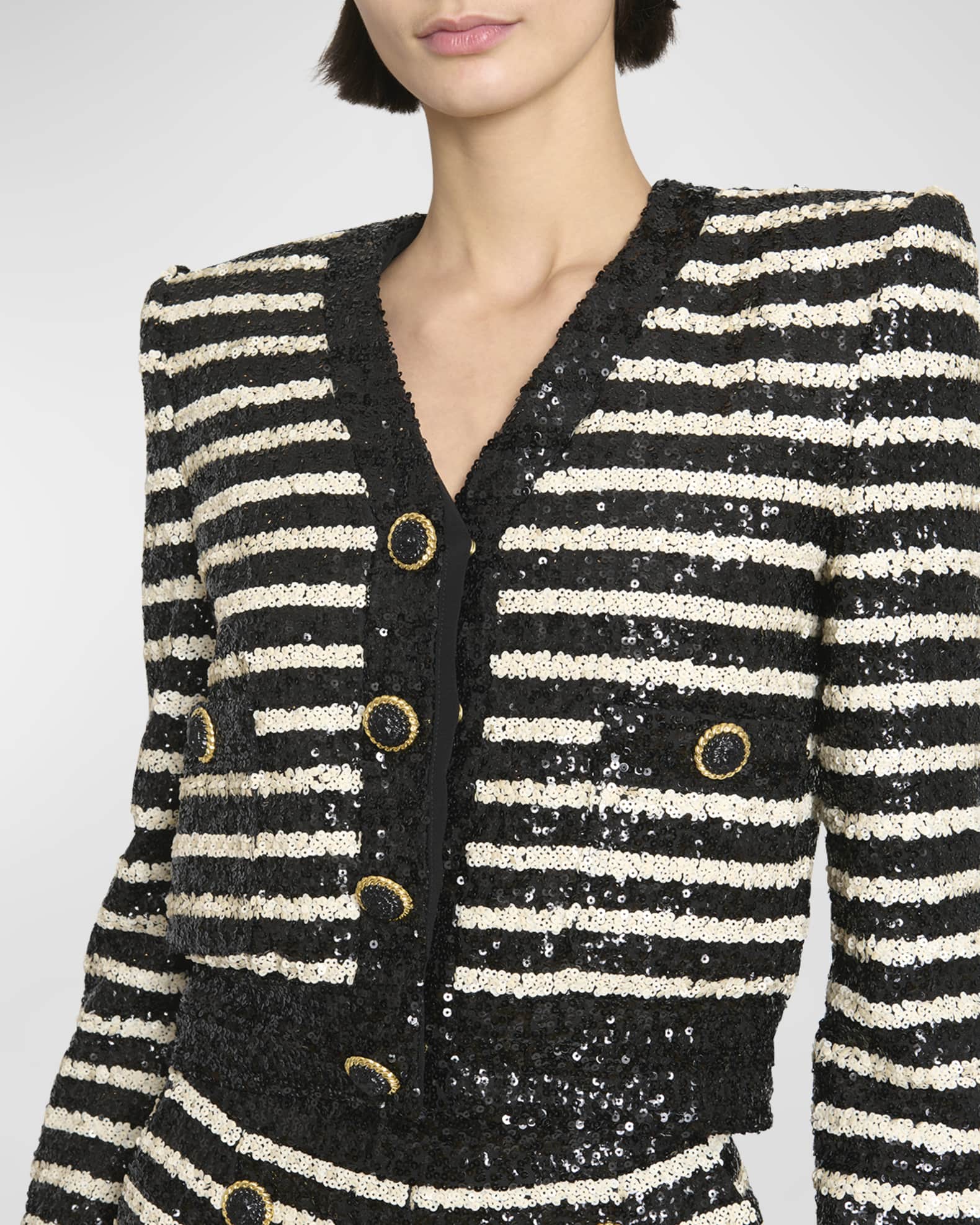 Balmain Striped Sequined Crop Jacket with Button Details | Neiman Marcus