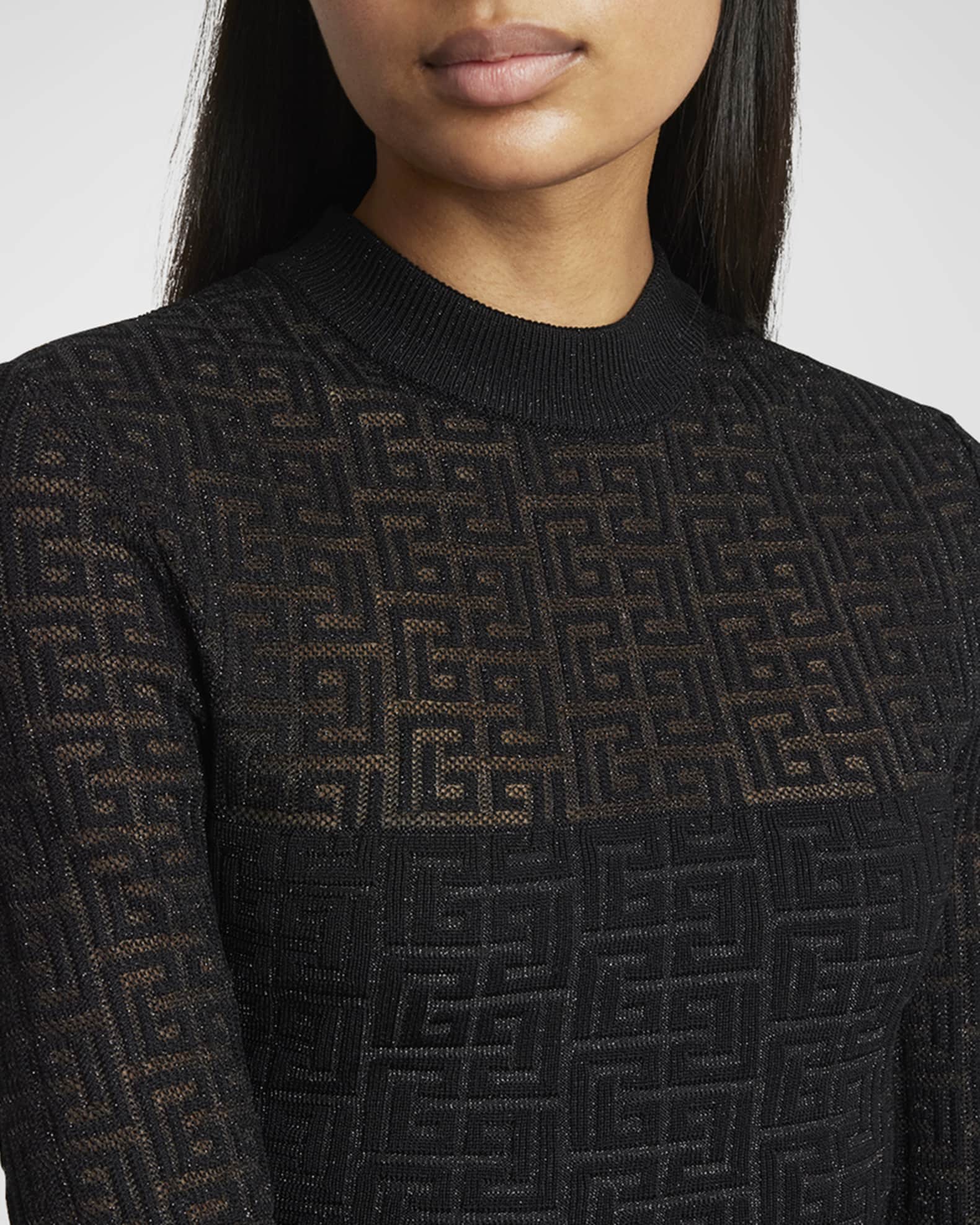 Balmain Monogram Print Glitter Knit Mini Dress | Neiman Marcus