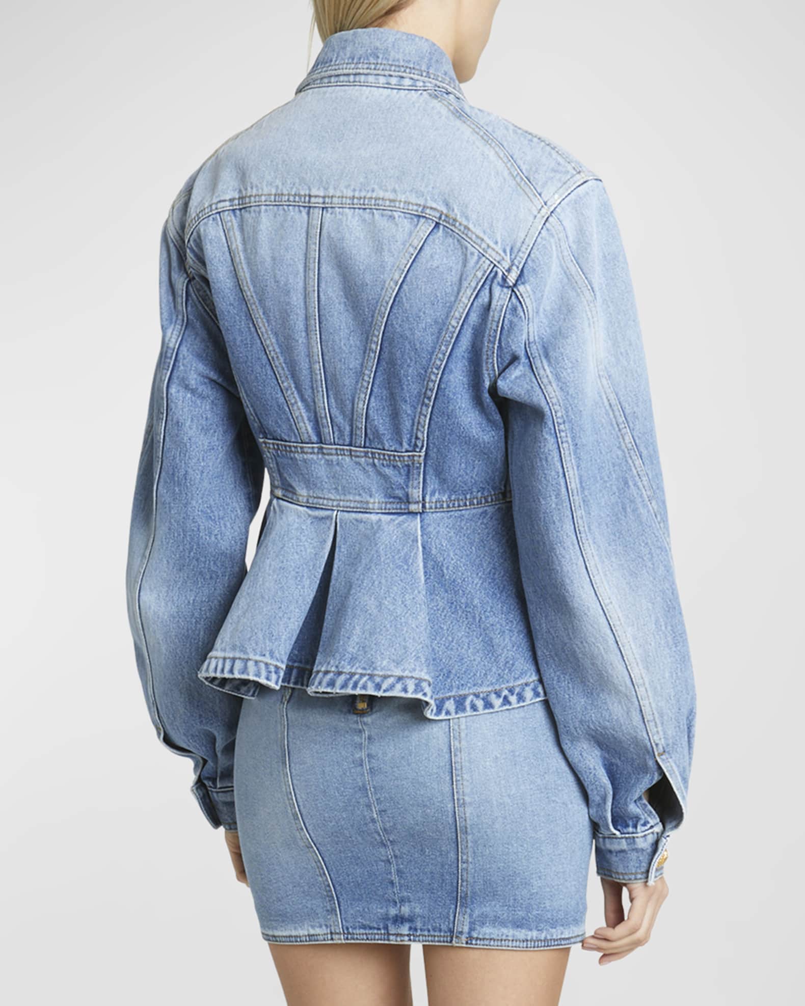 Balmain Peplum Denim Jacket with Gold-Tone Buttons | Neiman Marcus