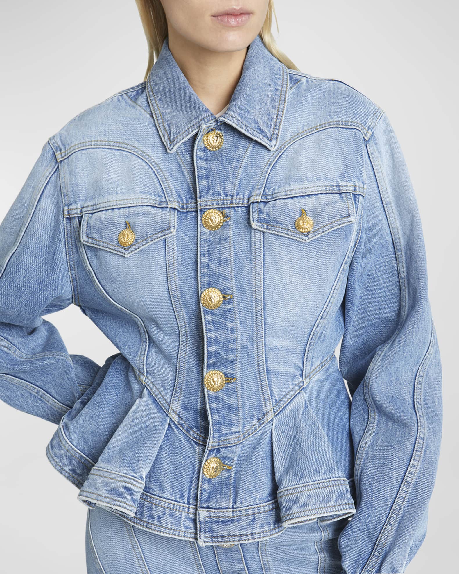 Balmain Peplum Denim Jacket with Gold-Tone Buttons | Neiman Marcus