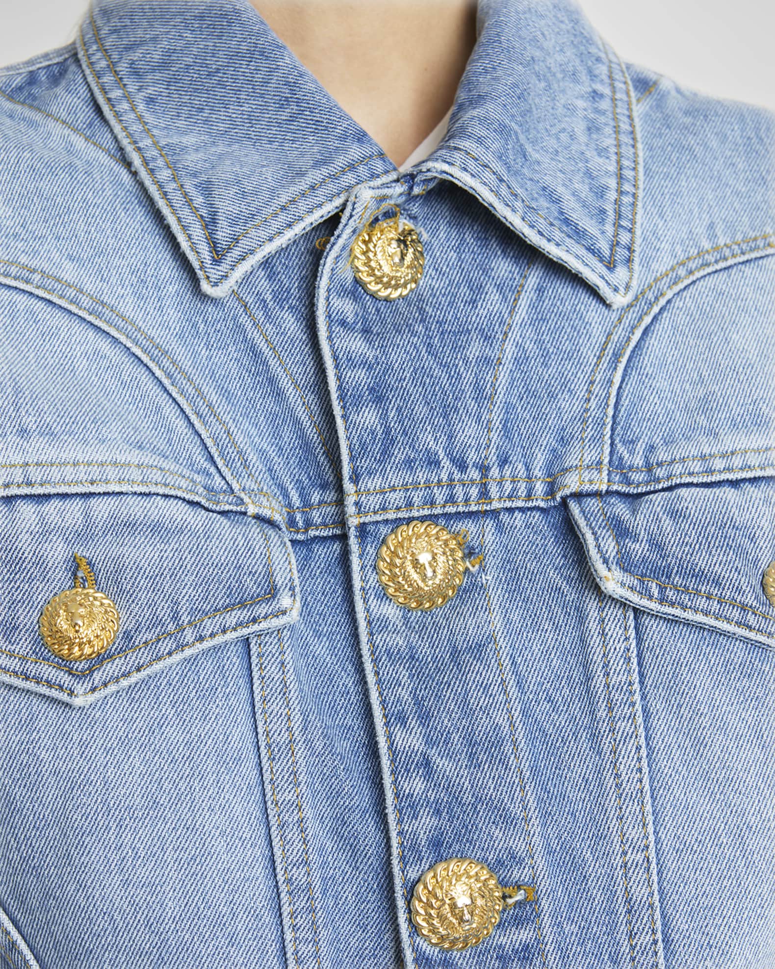 Balmain Peplum Denim Jacket with Gold-Tone Buttons | Neiman Marcus