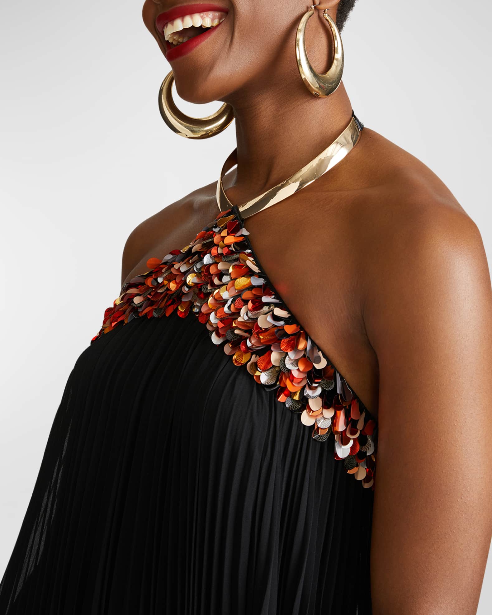 Halston Pythia Pleated Sequin-Embellished Trapeze Gown | Neiman Marcus