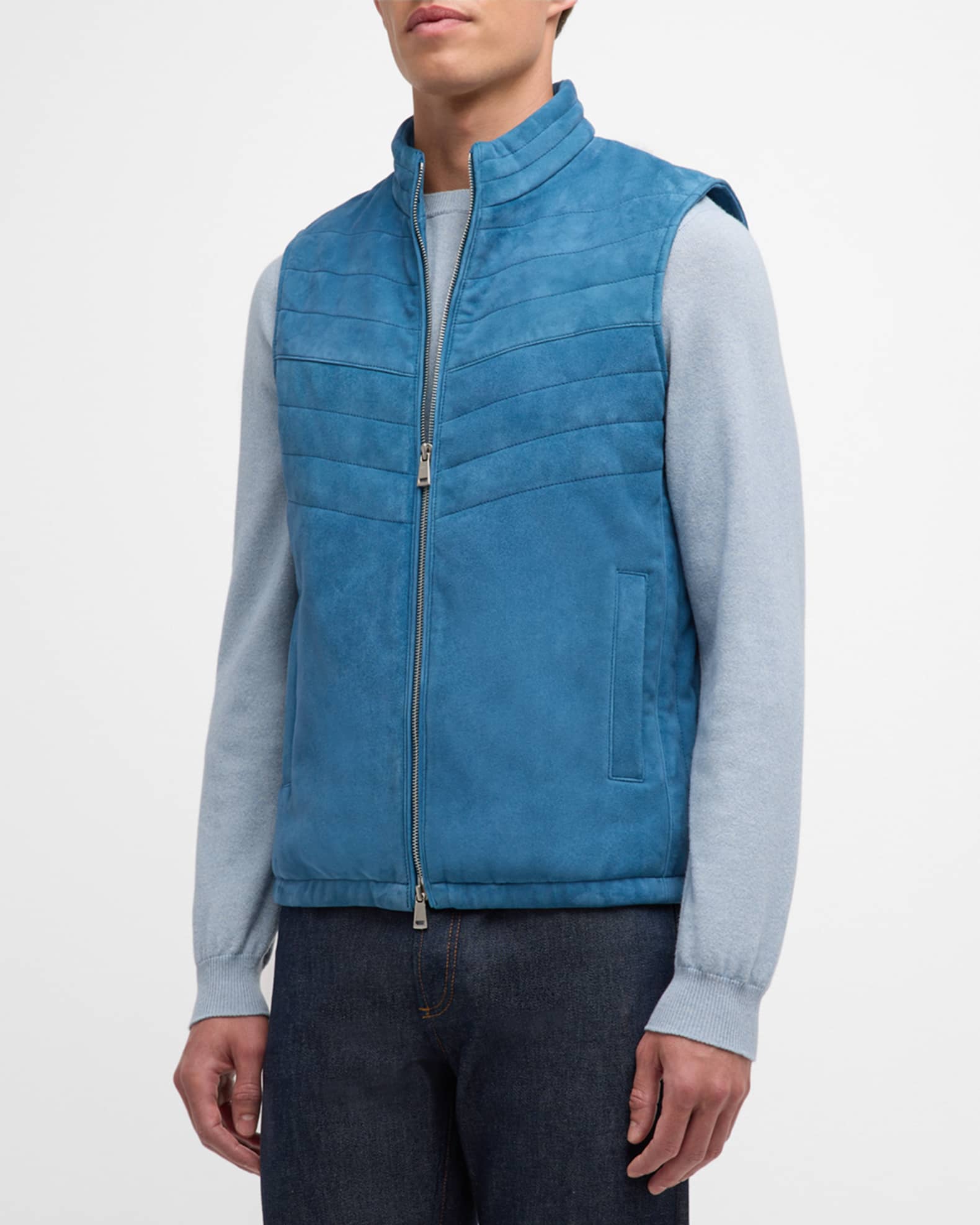 Neiman Marcus Men's Suede Half-Quilted Full-Zip Vest | Neiman Marcus