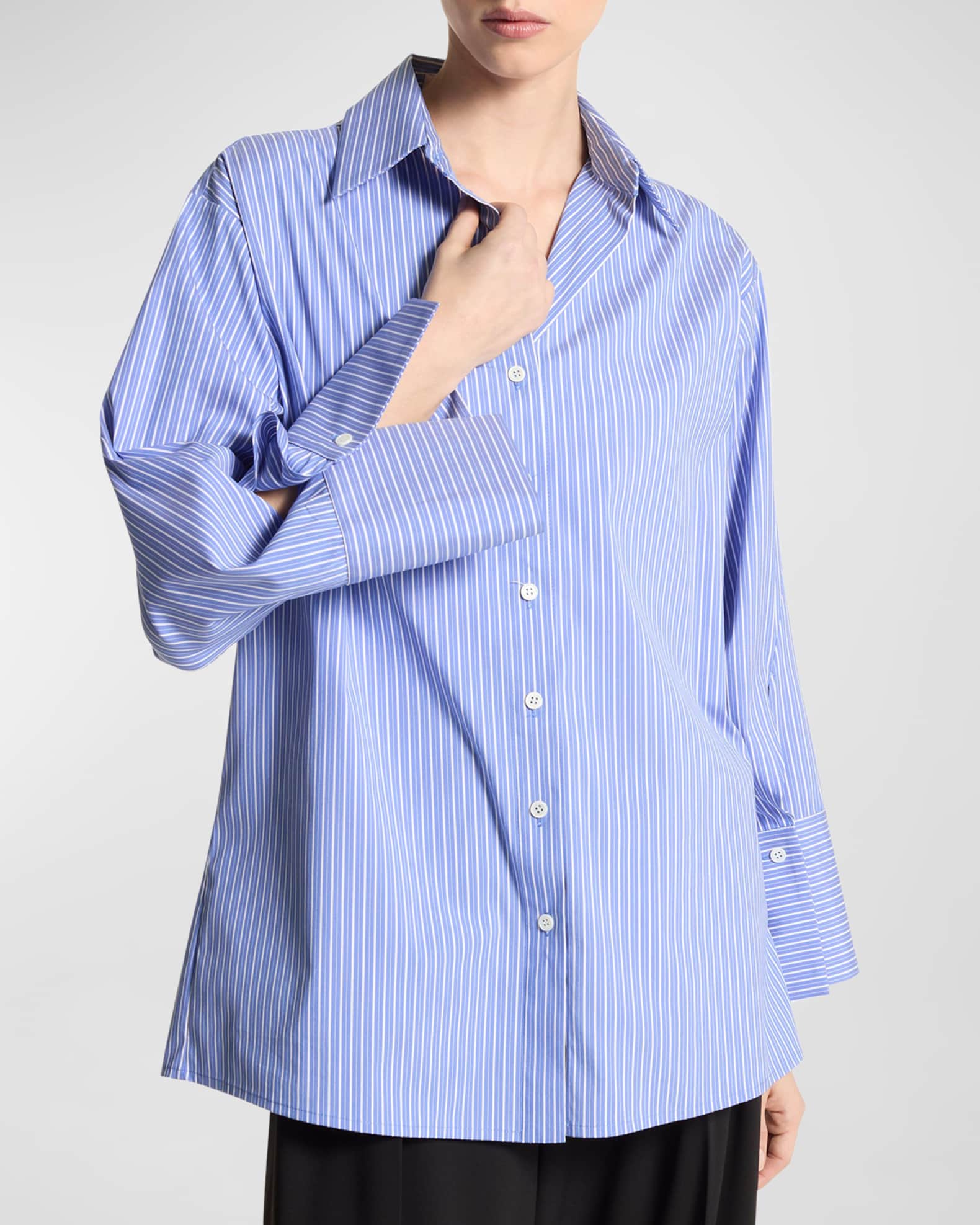 Oversized Cotton Poplin Striped Button Front Shirt