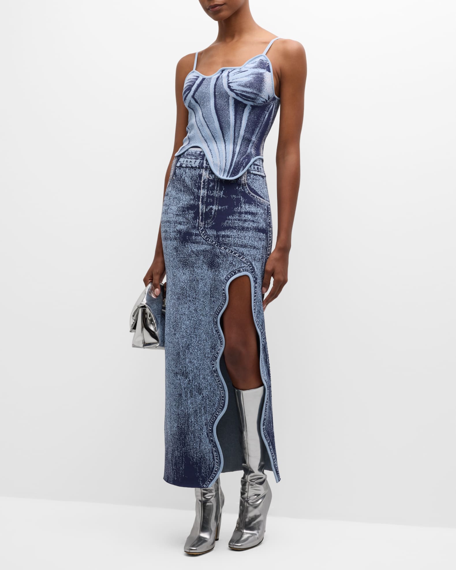 PH5 Lily Denim-Print Wavy Slit Midi Skirt | Neiman Marcus