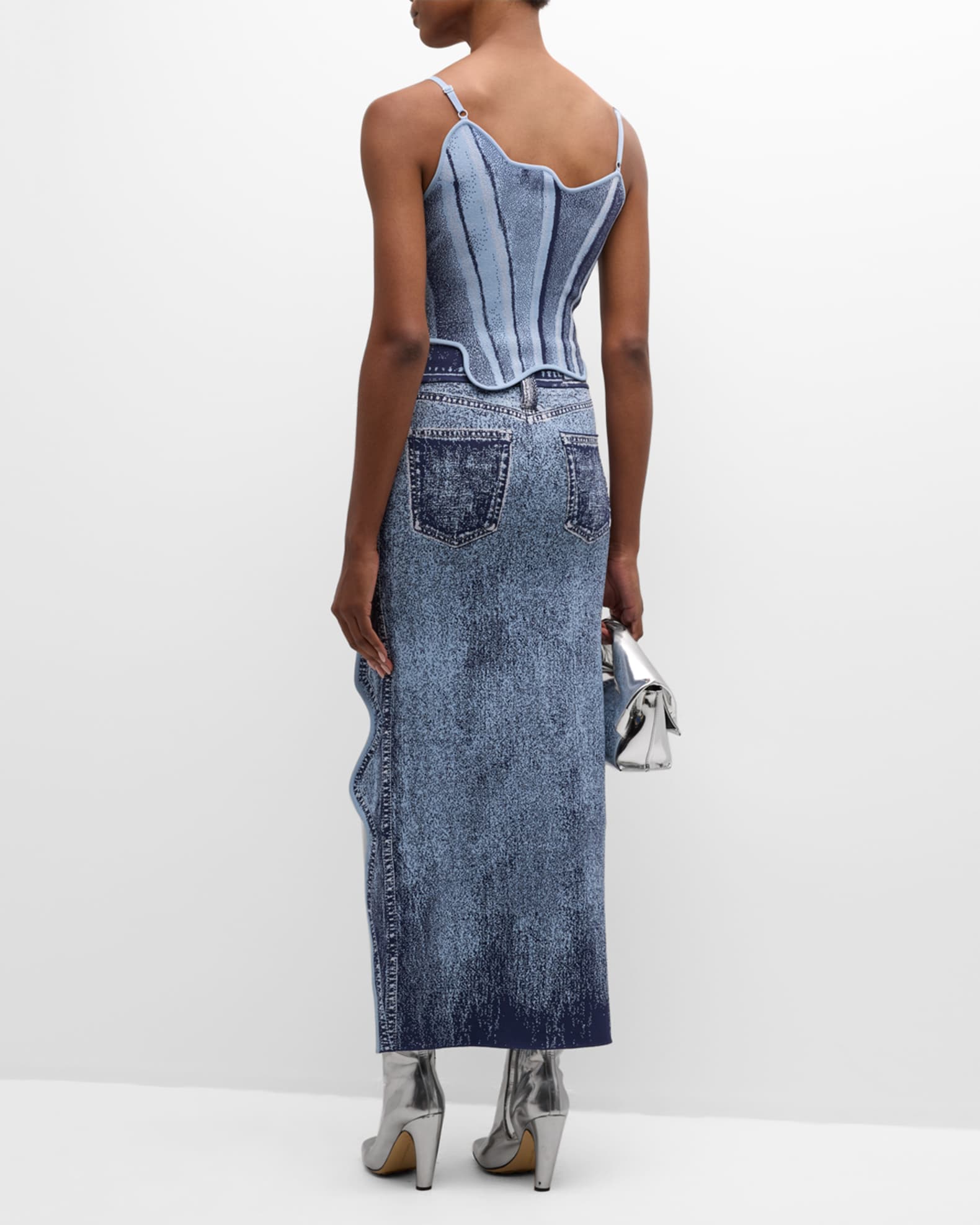 PH5 Lily Denim-Print Wavy Slit Midi Skirt | Neiman Marcus