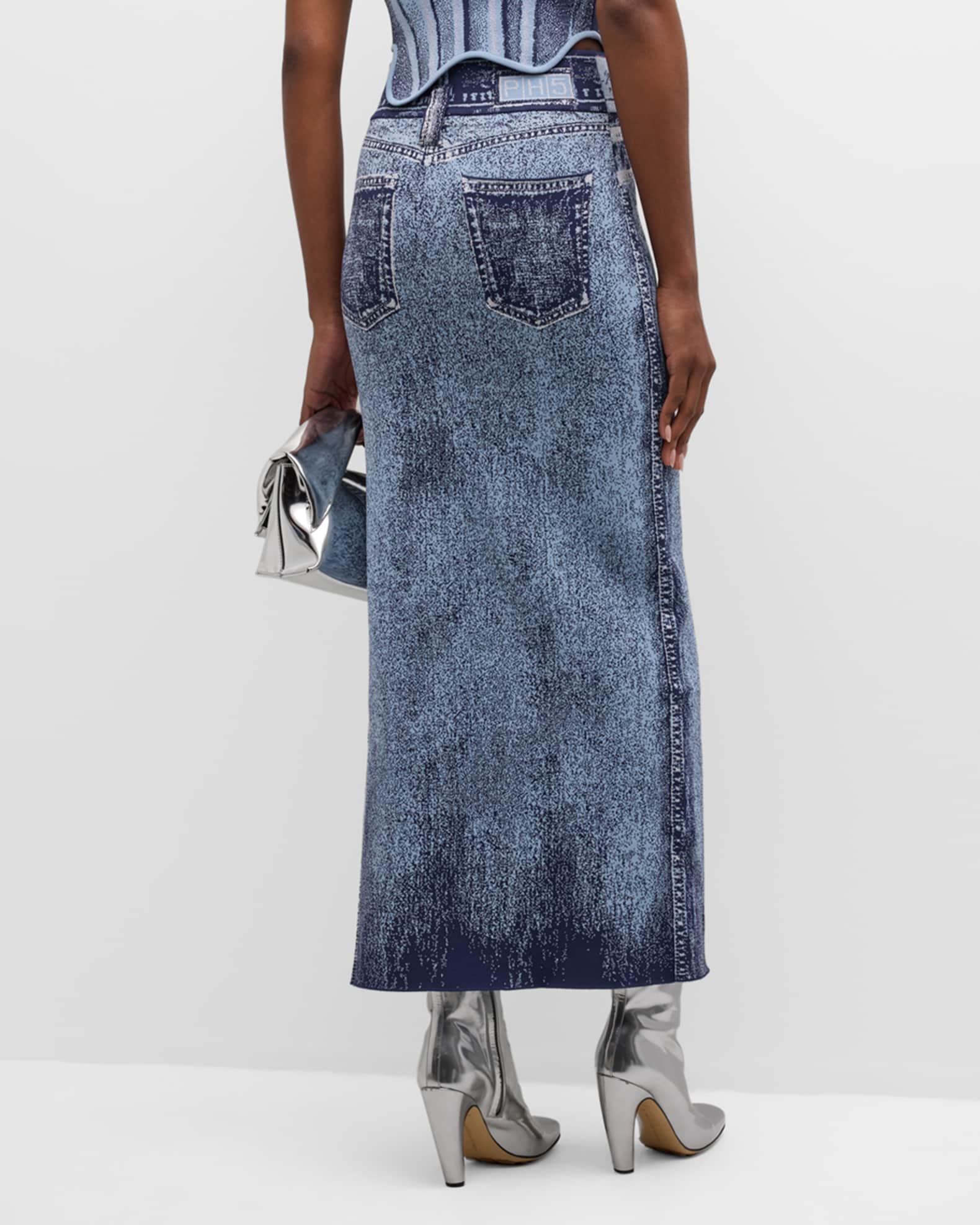 PH5 Lily Denim-Print Wavy Slit Midi Skirt | Neiman Marcus