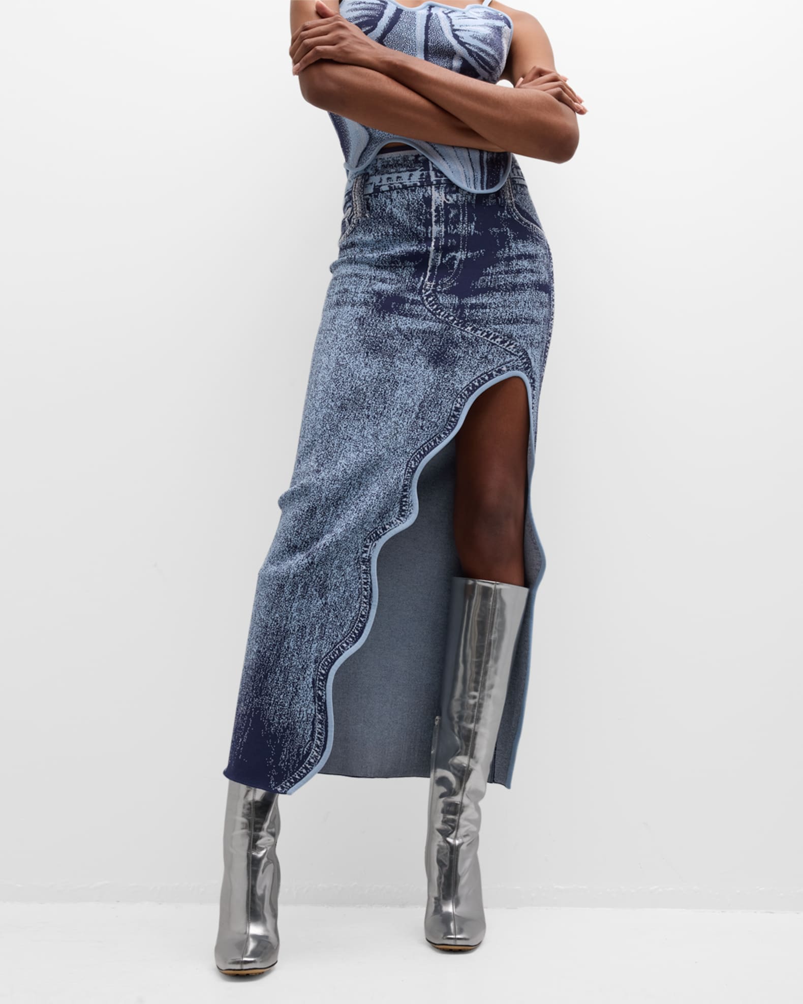PH5 Lily Denim-Print Wavy Slit Midi Skirt | Neiman Marcus