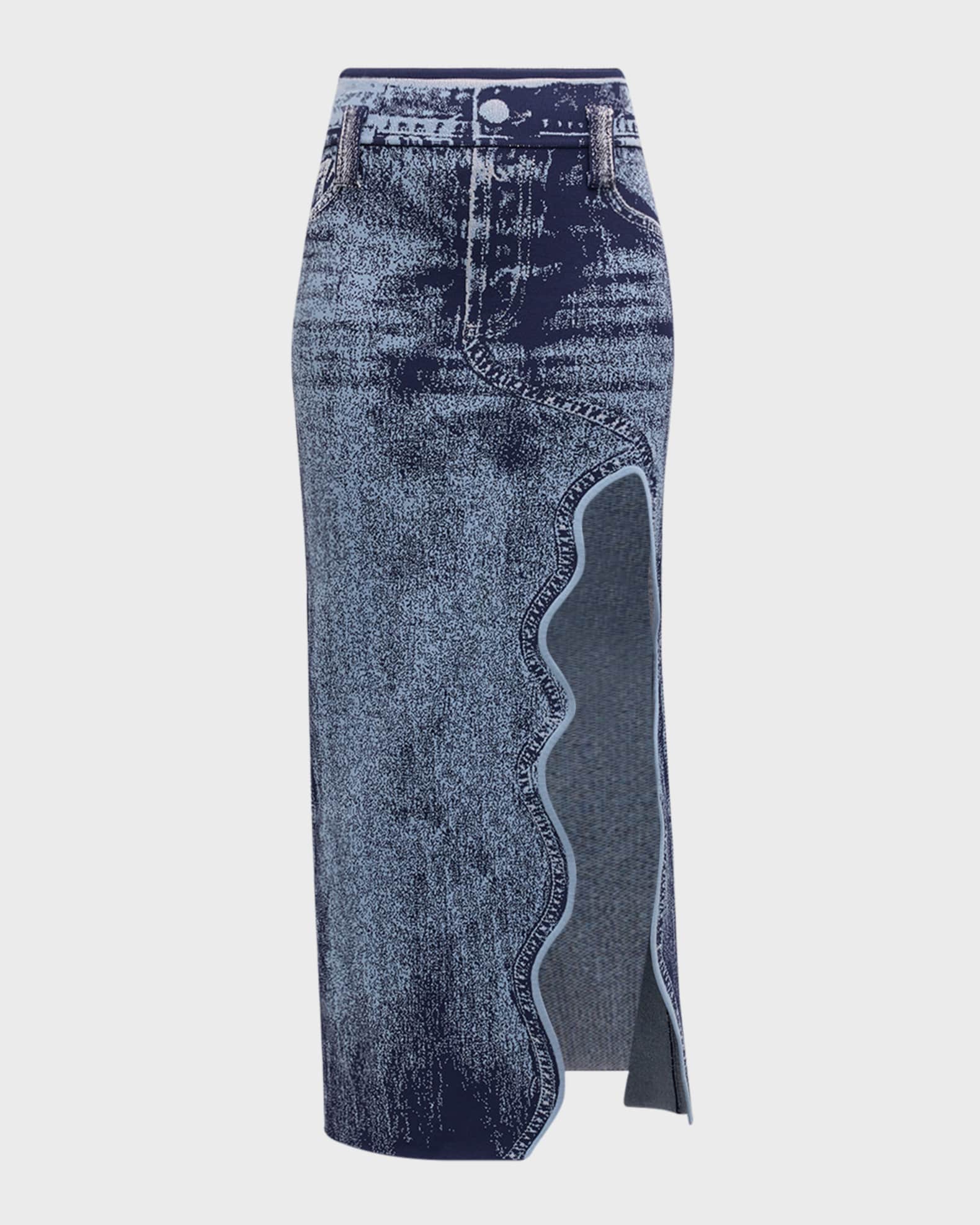 PH5 Lily Denim-Print Wavy Slit Midi Skirt | Neiman Marcus