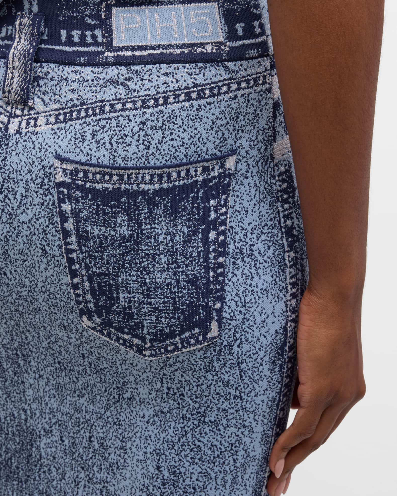 PH5 Lily Denim-Print Wavy Slit Midi Skirt | Neiman Marcus