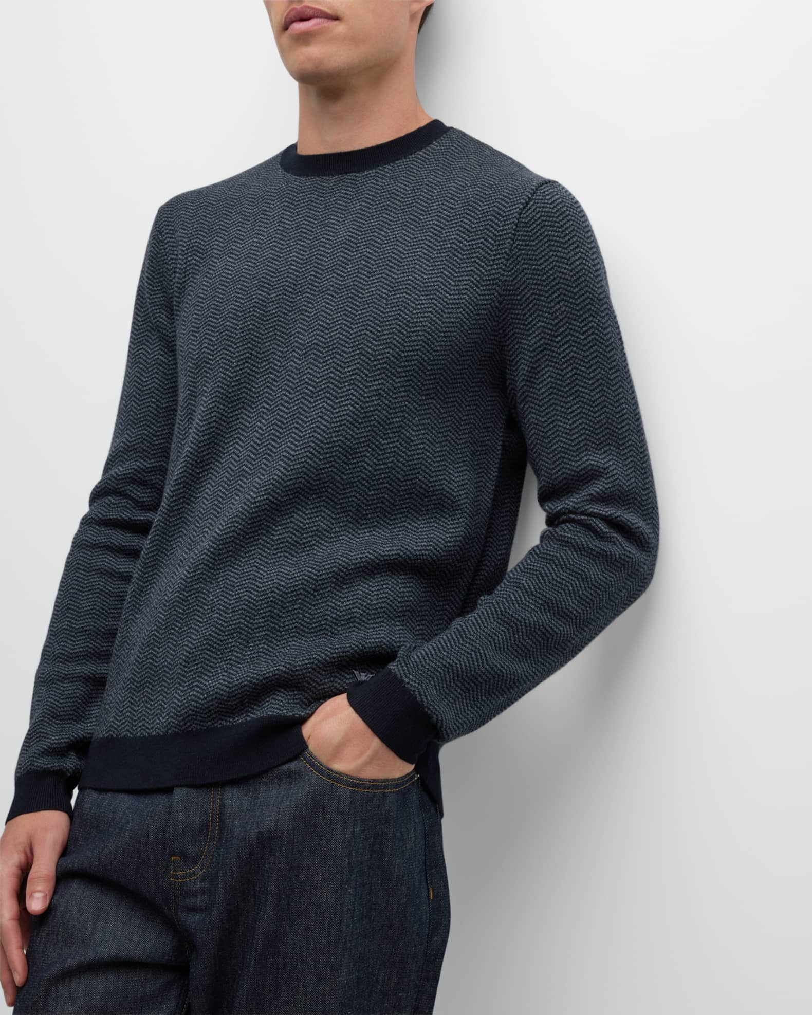 Emporio Armani Men's Micro-Chevron Crewneck Sweater | Neiman Marcus