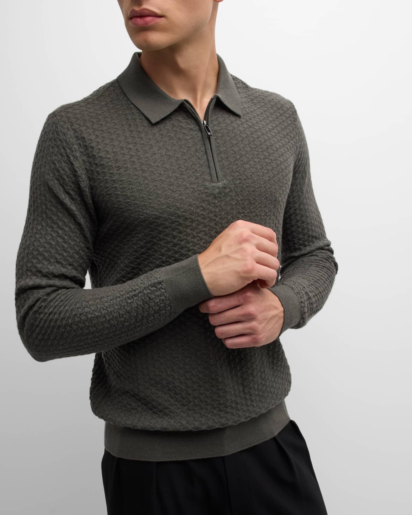 Emporio Armani Men's Textured Quarter-Zip Polo Sweater | Neiman Marcus