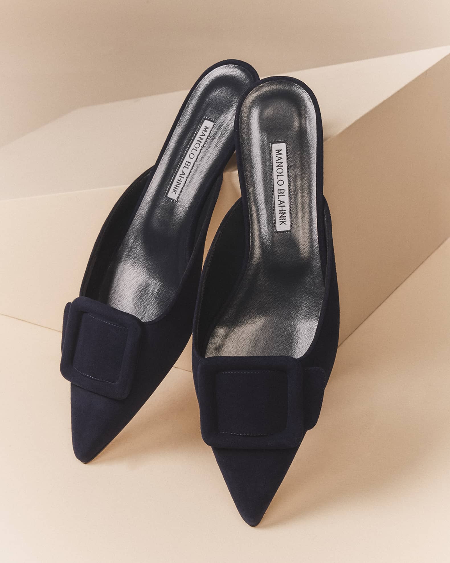 Manolo Blahnik Maysale Suede Buckle Ballerina Mules | Neiman Marcus