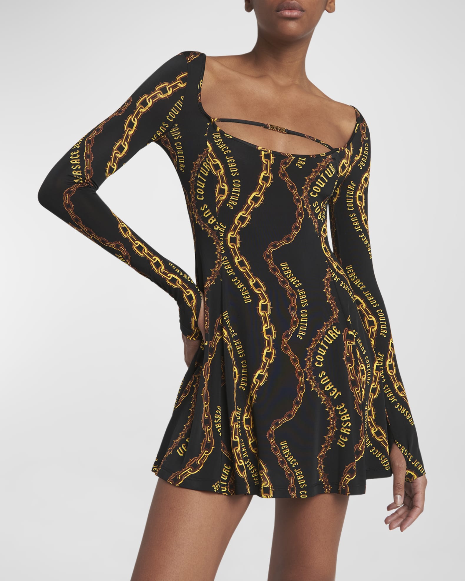 Versace Jeans Couture Long-Sleeve Chain Logo Mini Dress | Neiman Marcus