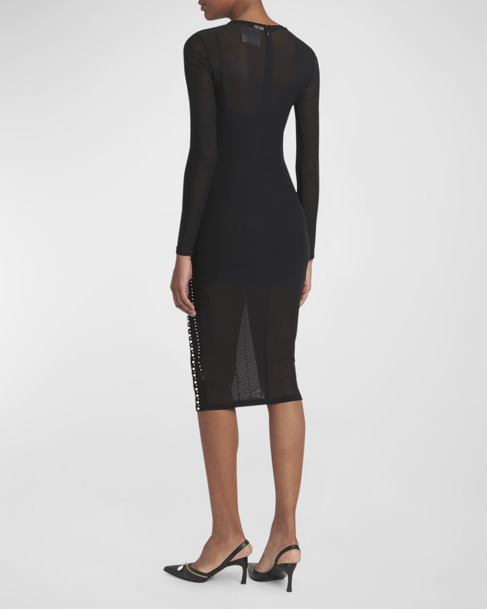 Versace Jeans Couture Long-Sleeves Embellished Mesh Midi Dress | Neiman ...