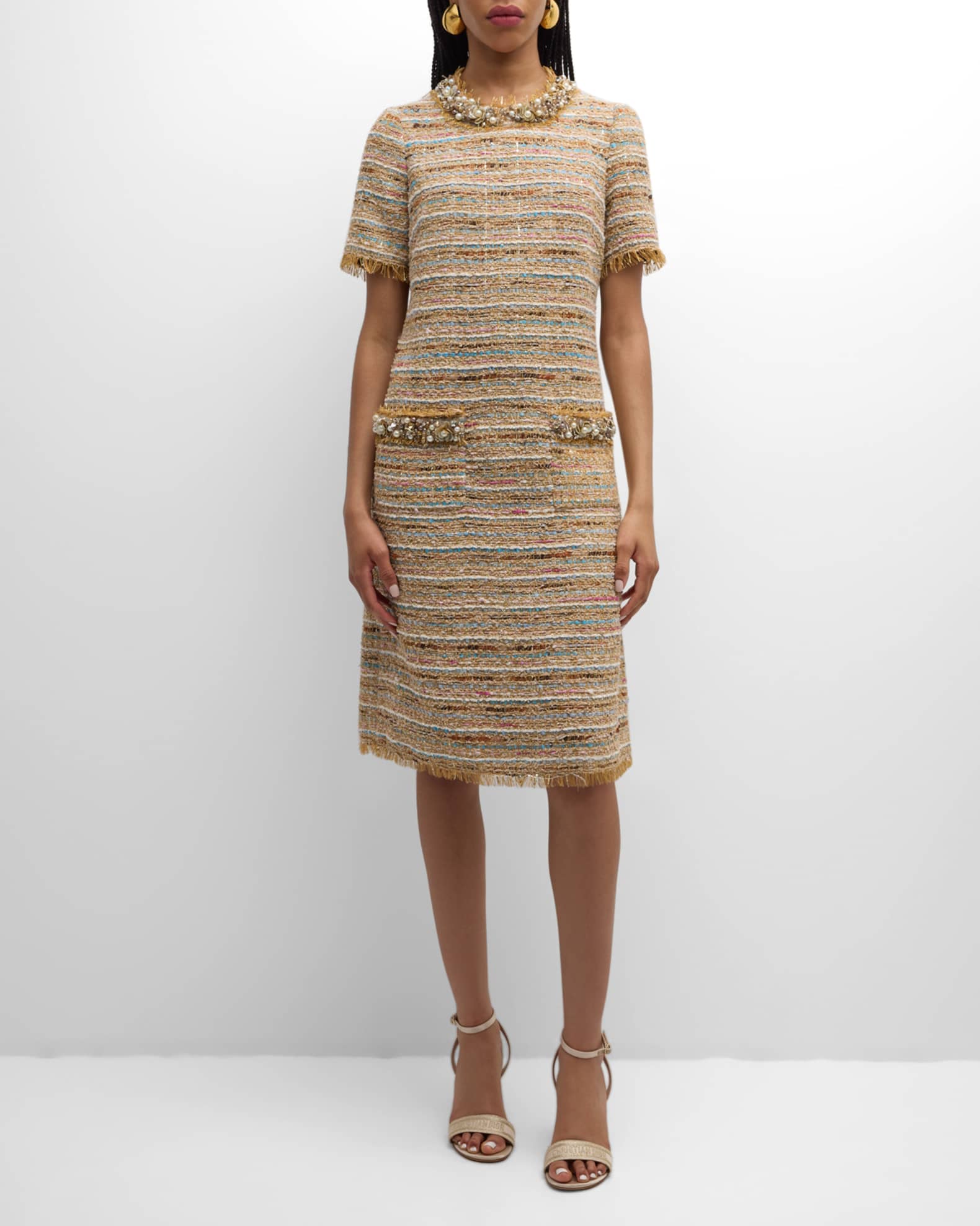 Rickie Freeman for Teri Jon Beaded Fringe-Trim Tweed Midi Dress ...