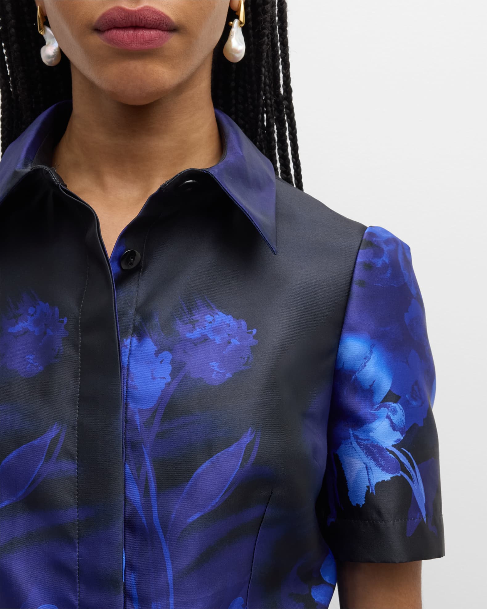 Rickie Freeman for Teri Jon Pleated Floral-Print Shirtdress | Neiman Marcus