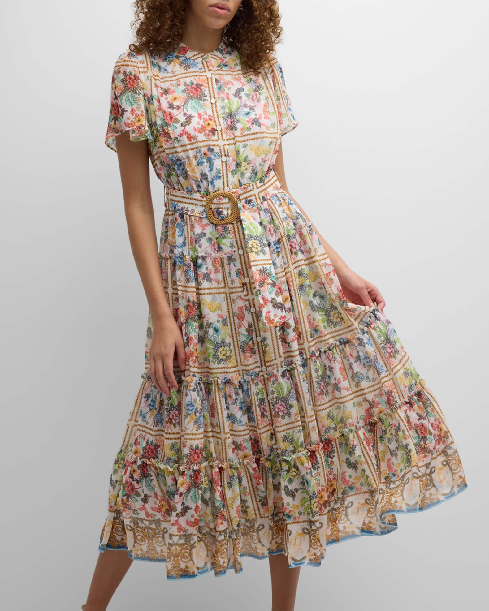 Elie Tahari The Aimee Tiered Floral-Print Midi Dress | Neiman Marcus